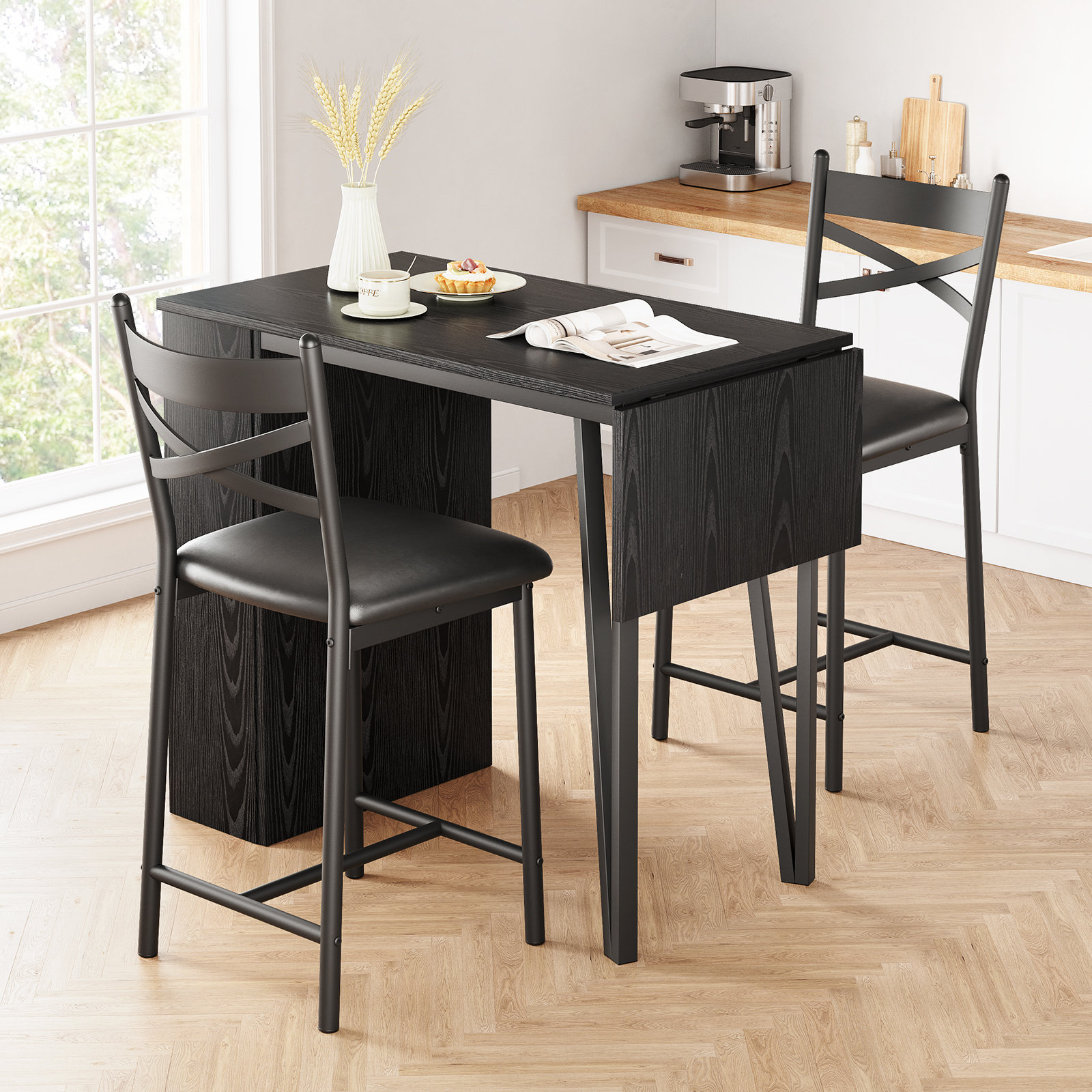 Gracie Oaks Dining Table Set With 3 Storage Shelves, Counter Height ...