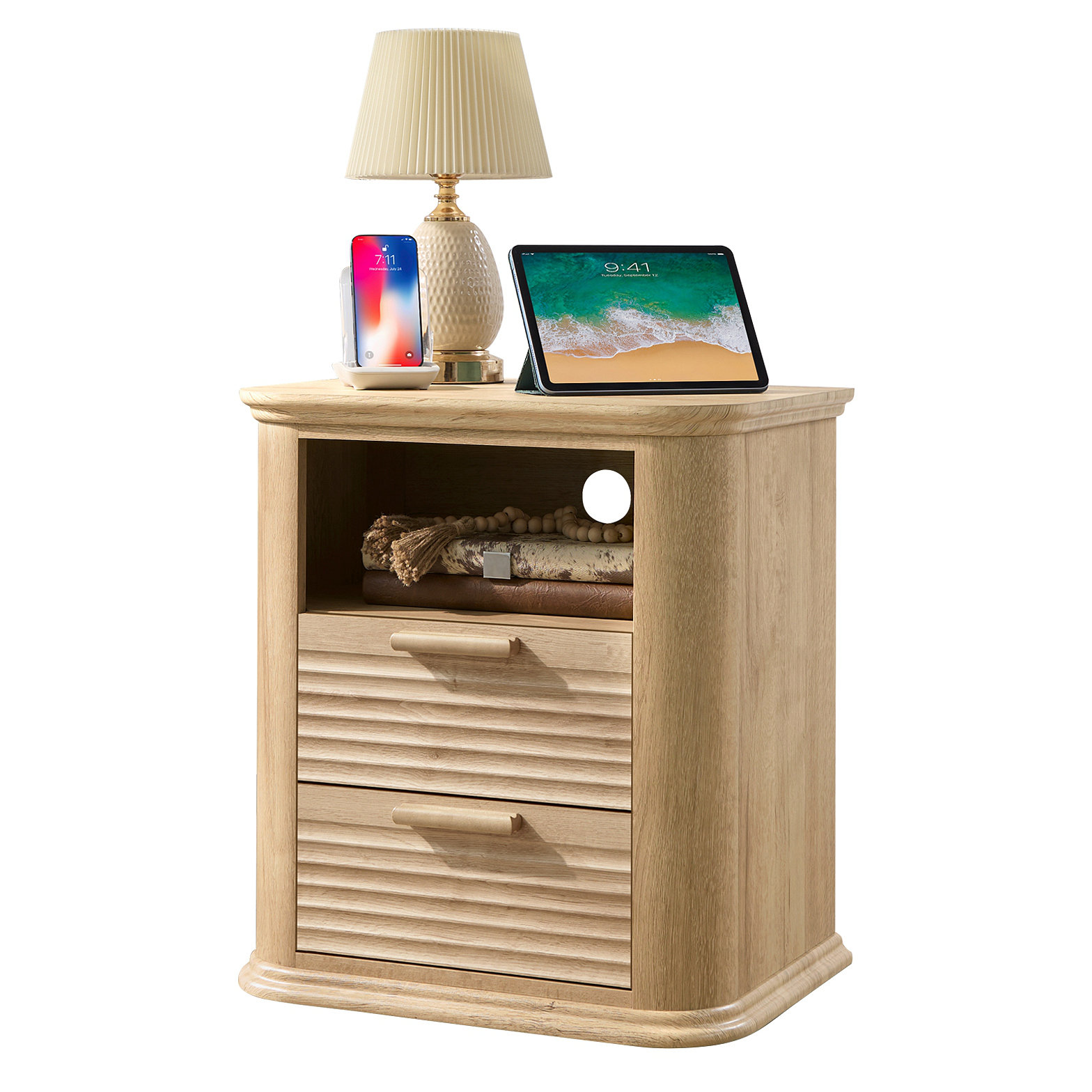 Ivy Bronx 22" Fluted Night Stand with Charging Station, Modern End ...