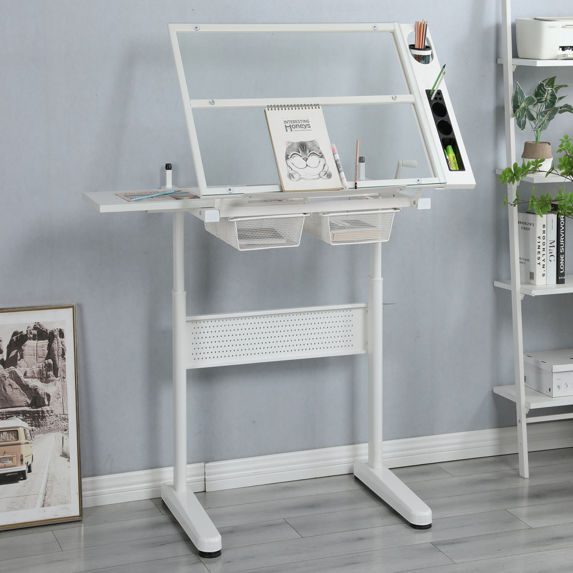 Inbox Zero Hand Crank Adjustable Drafting Table Drawing Desk With 2 ...