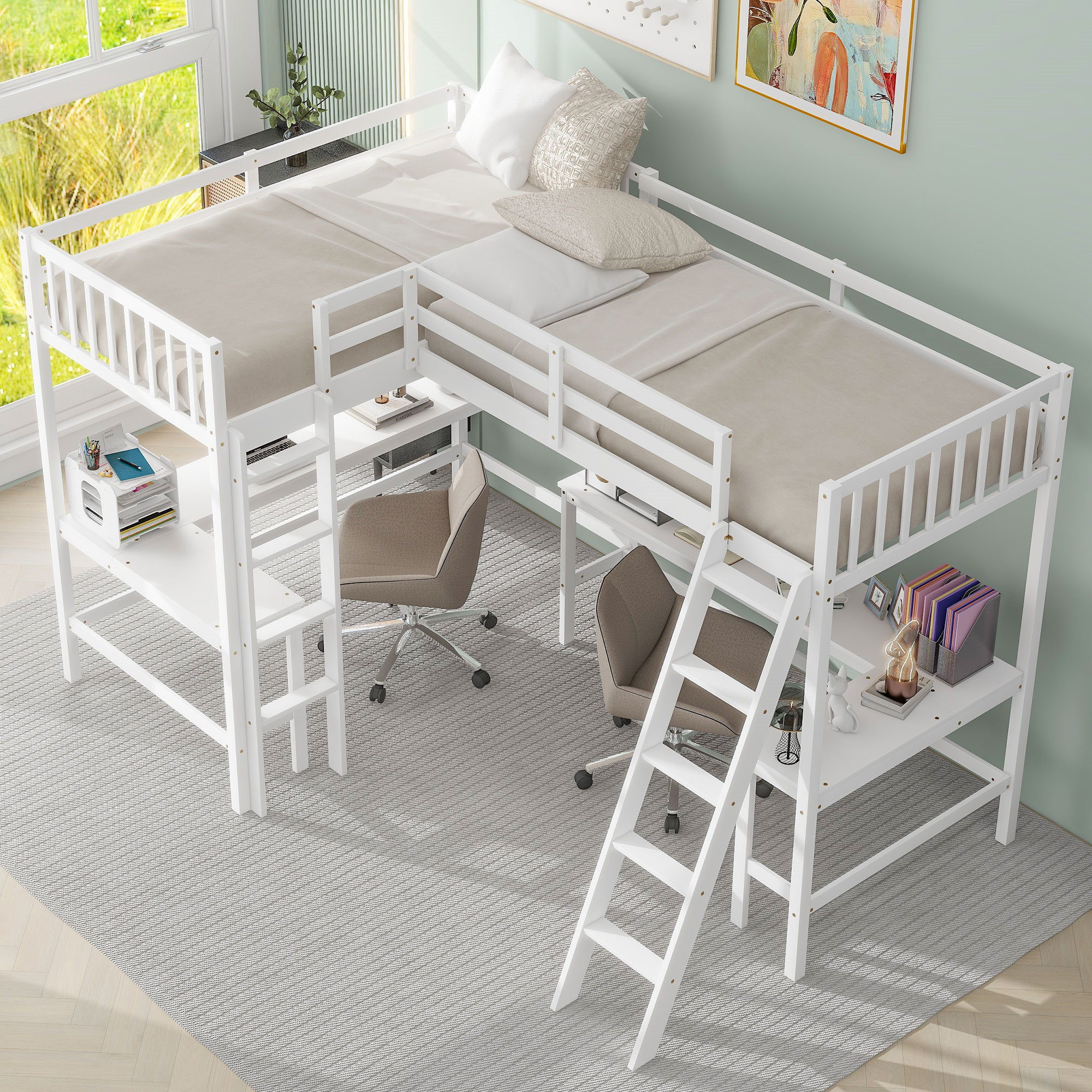 Harriet Bee Wood Twin Size L-Shaped Loft Bed with Ladder and 2 Built-in ...