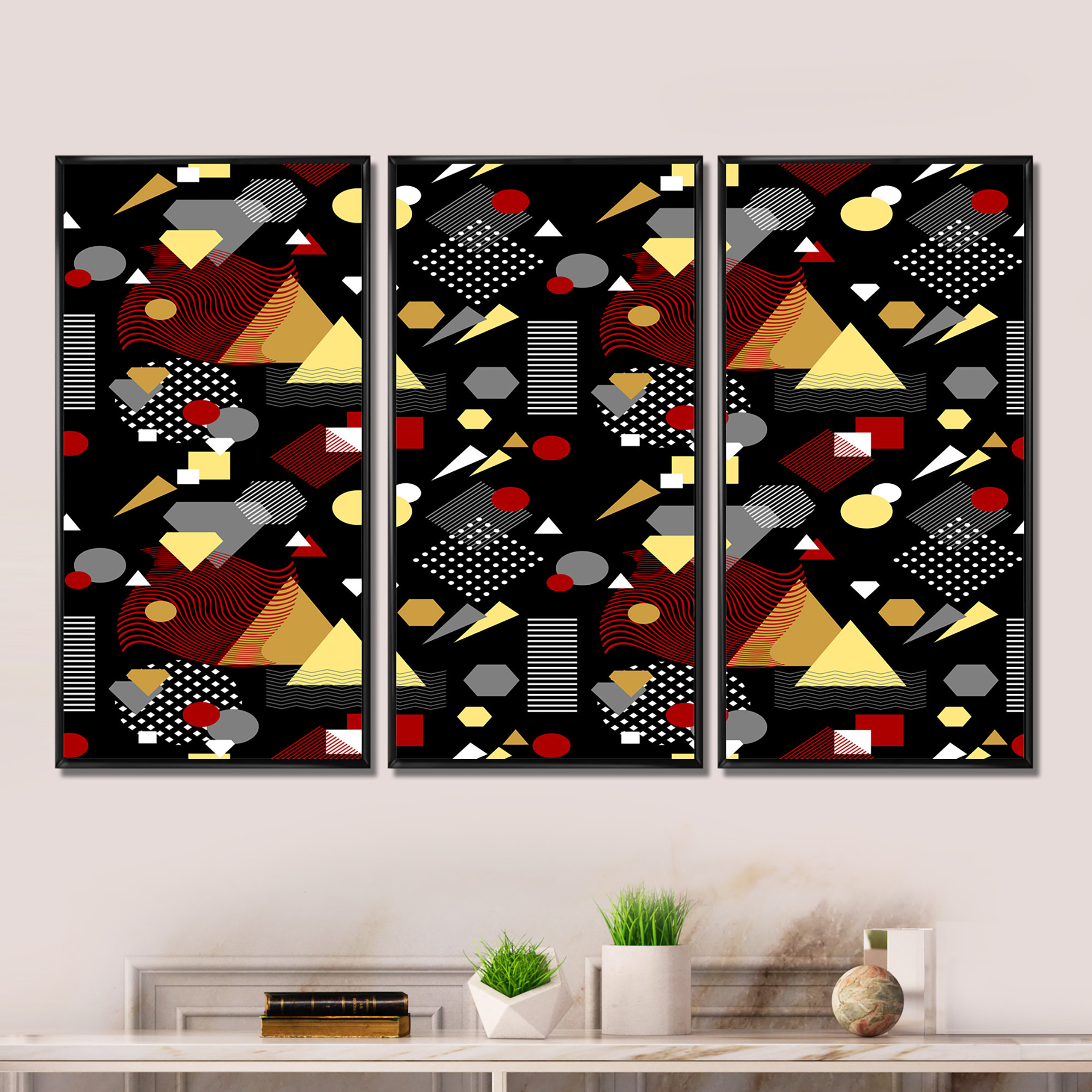 Ebern Designs Yellow Triangles on Black - 3 Piece Floater Frame Print ...