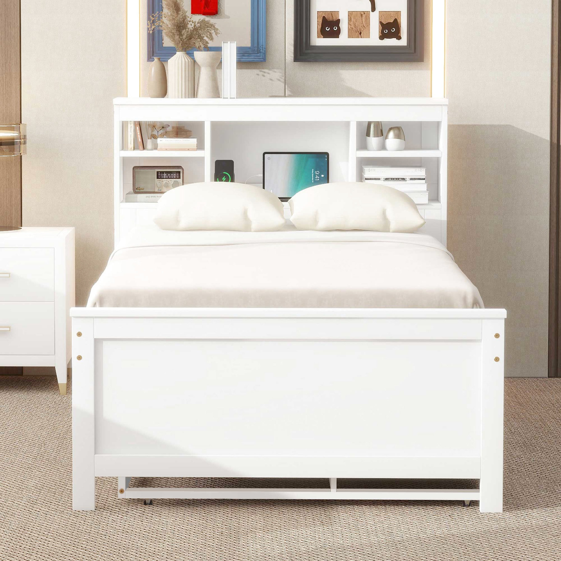 Latitude Run® White Twin Size Bed With Headboard Storage Compartment ...