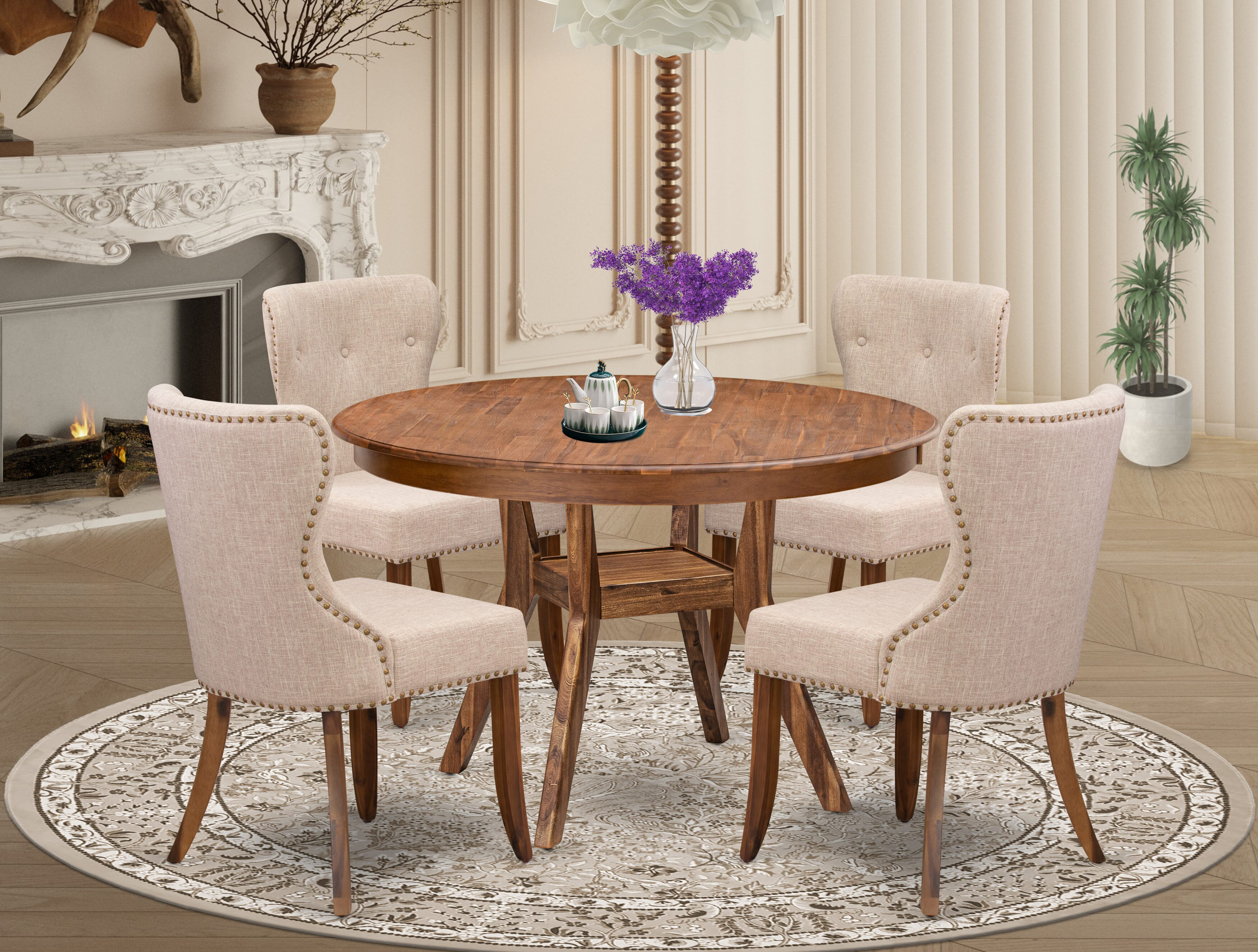 Red Barrel Studio® 5-Pc Dining Set consists of a Pedestal Kitchen Table ...