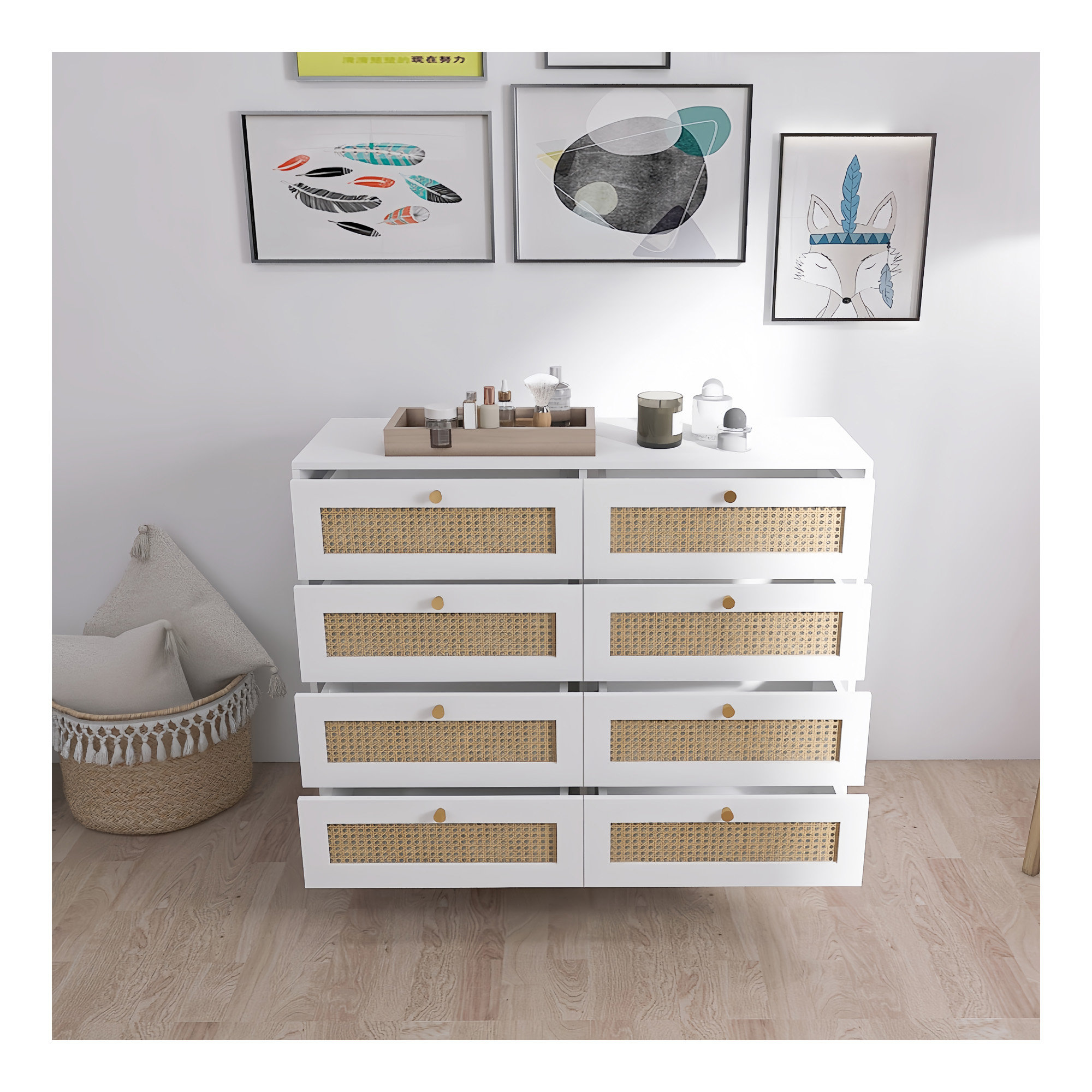 Bay Isle Home™ White Color 8 Drawers Chest of Drawers with Rattan ...