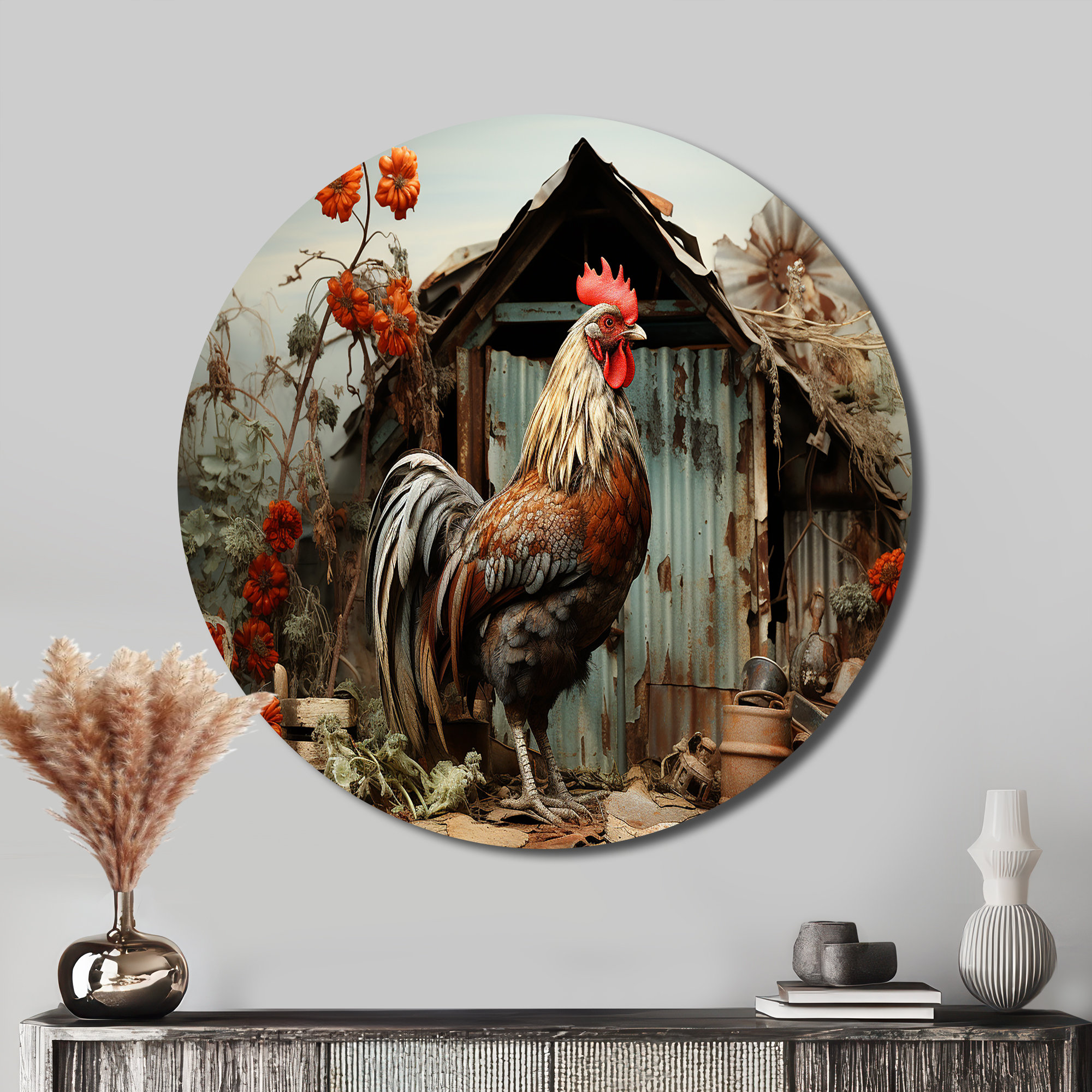 Design Art Roaster Barnyard Serenade I - Architecture Round Metal Art ...