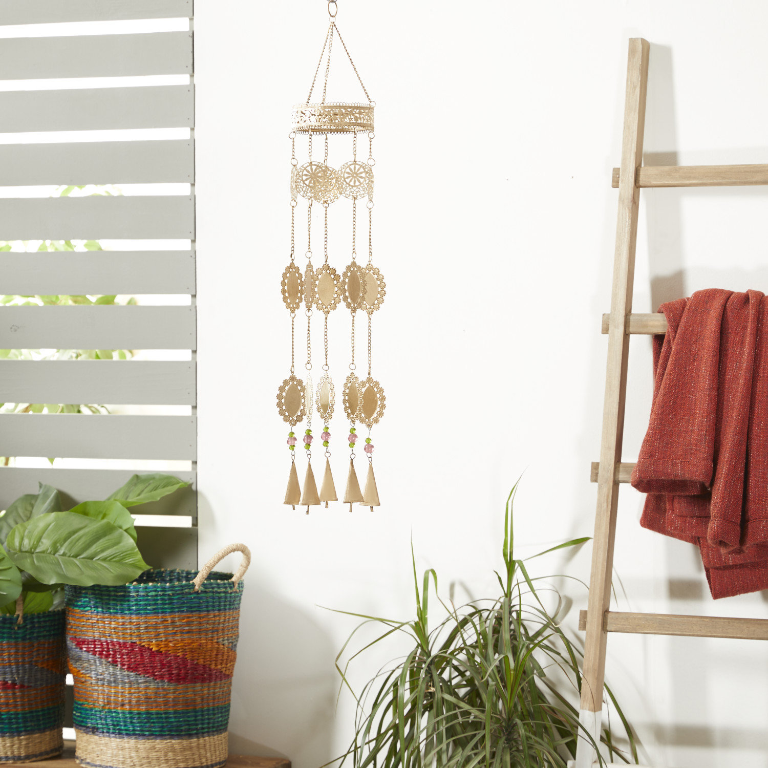 Bungalow Rose Metal Floral Indoor Outdoor Gold Windchime with Glass ...