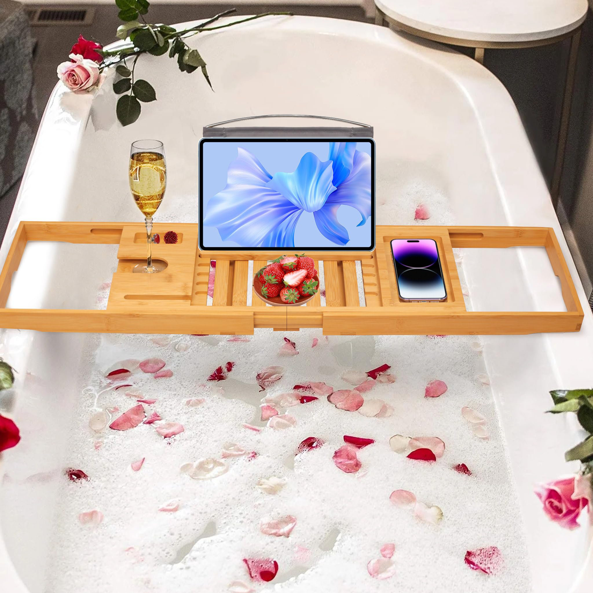 Rebrilliant Luxury Bamboo Bathtub Tray - Foldable Spa Table With Wine Glass Holder And Bookshelf ...