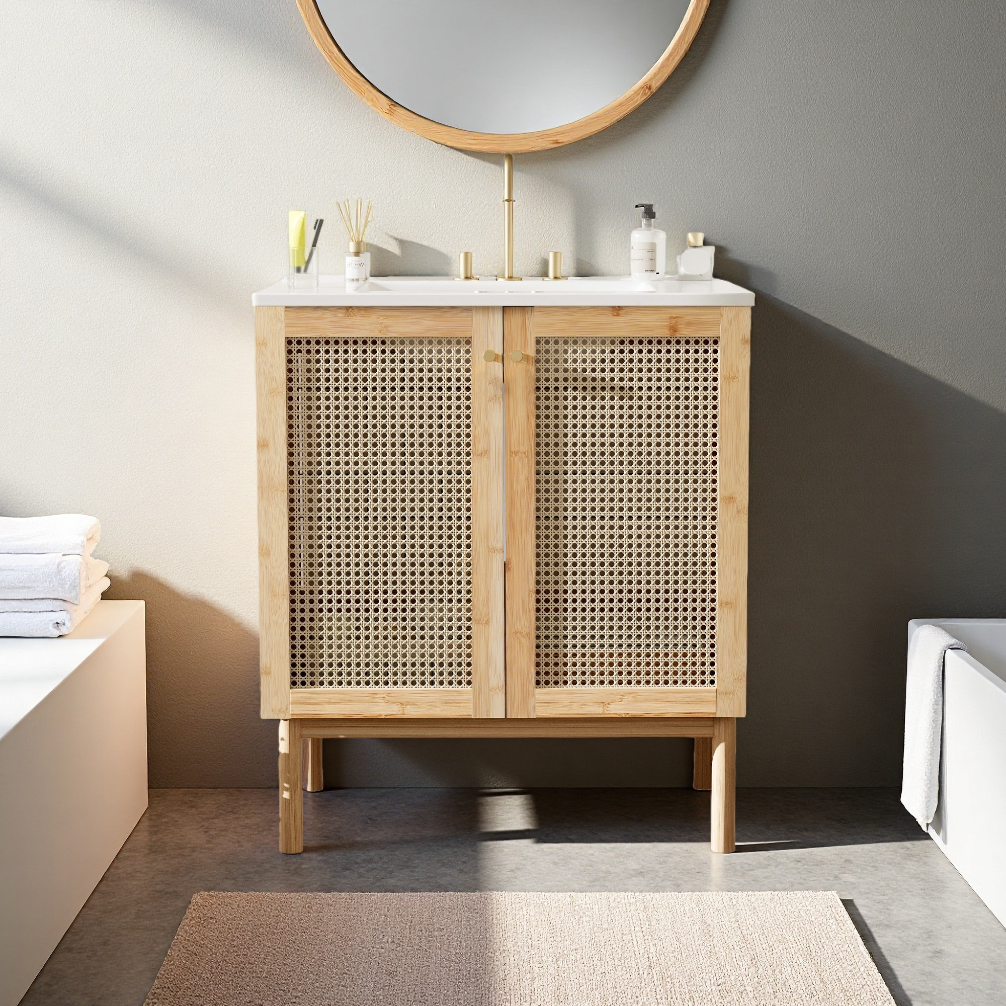 Bay Isle Home™ 30 Inch Bamboo Bathoo Vanity With Rattan Doors & Ceramic ...