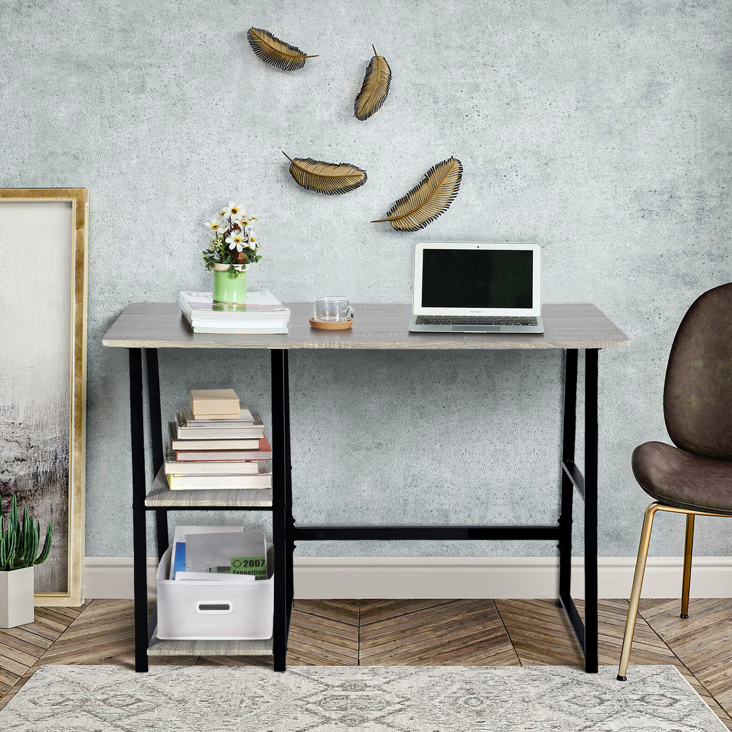 17 Stories Modern Geo Dark Grey Home Office Desk with Shelves - Wayfair ...