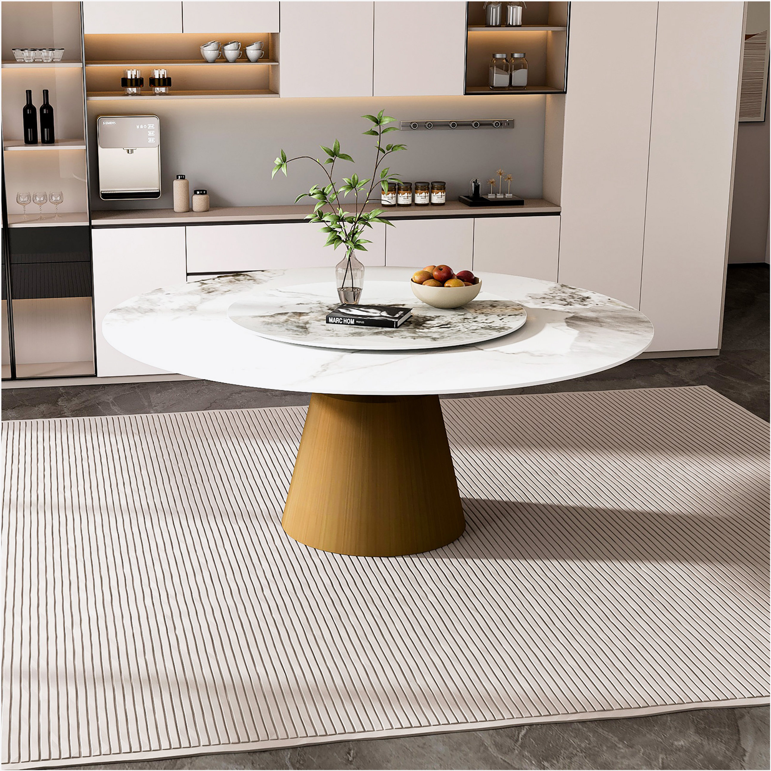 Everly Quinn 59" Marble Round Dining Table, Sintered Stone Round Dining ...