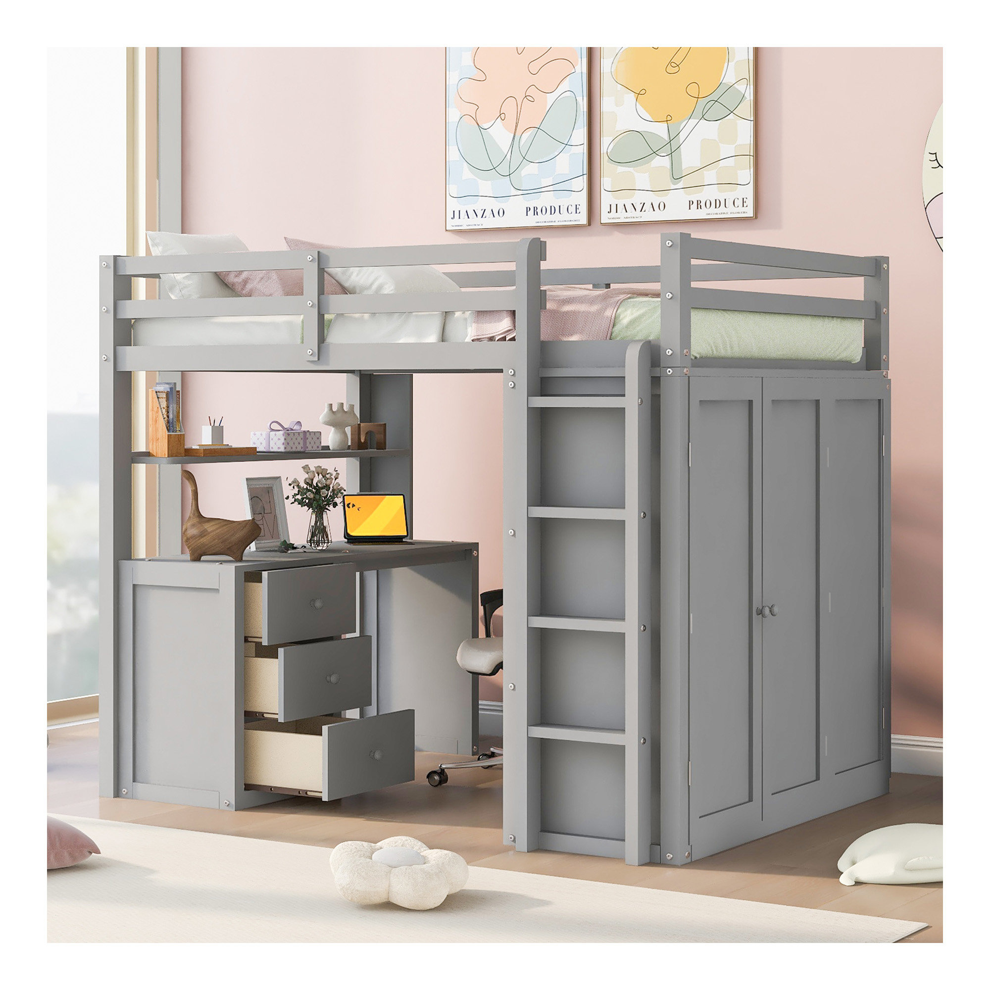 Harriet Bee Full Size Loft Bed With Drawers,Desk,And Wardrobe-Grey ...