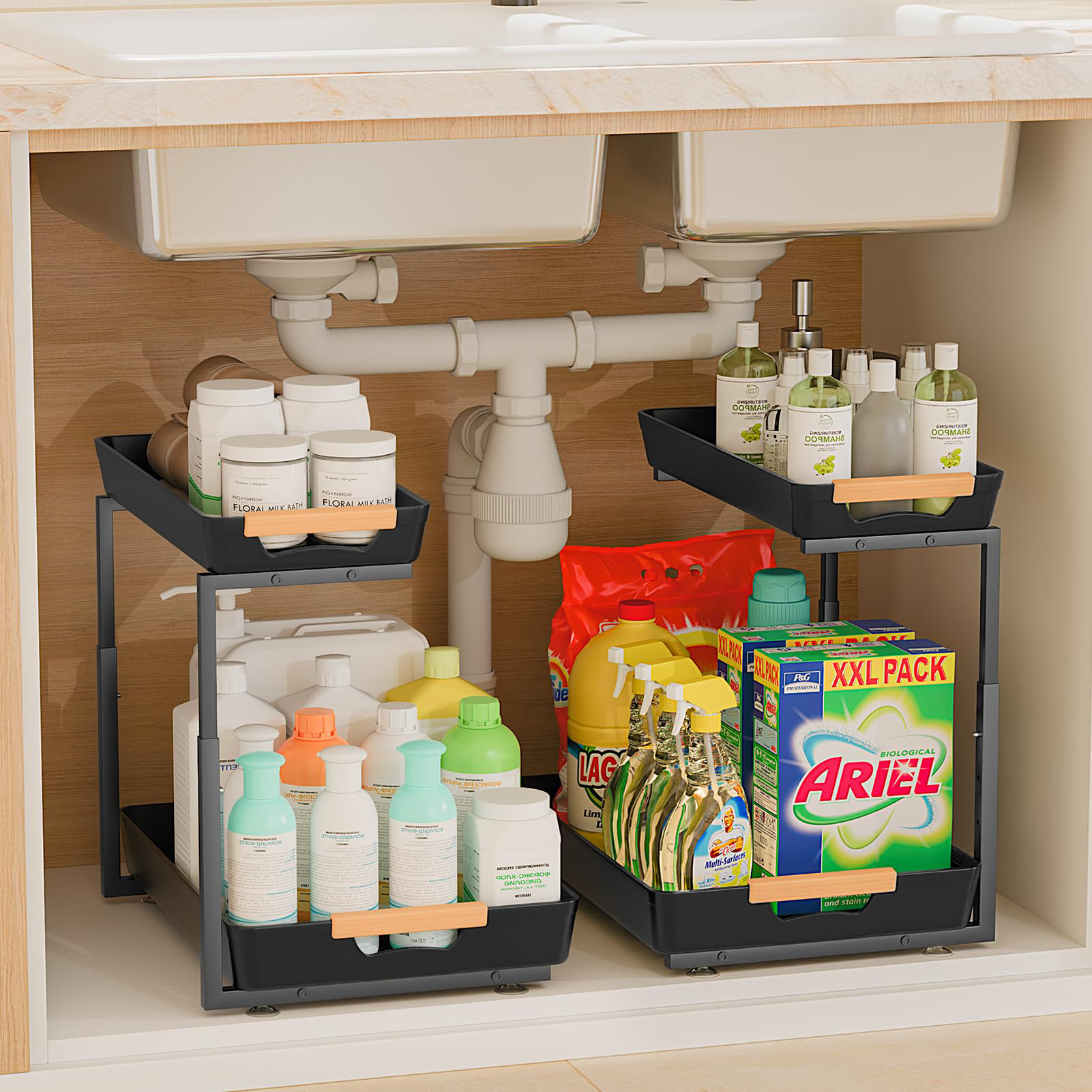 FEIYAN 2 Pack Under Sink Organizer Pull 0Ut, 3 Height Adjustable Under Kitchen Sink 0Rganizer ...