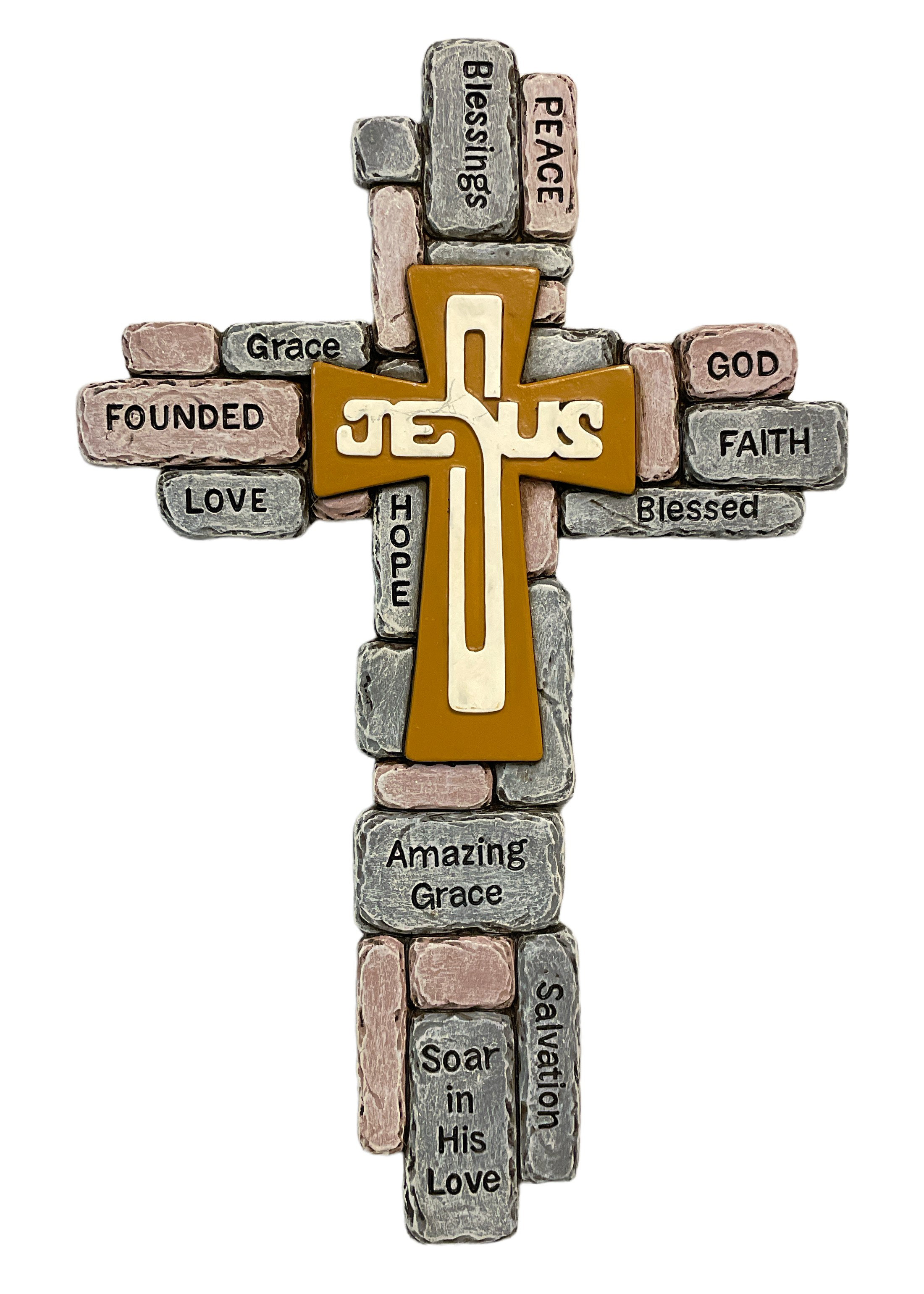 Trinx Polyresin Inspirational Faux Stone Brick Jesus Layered Cross ...