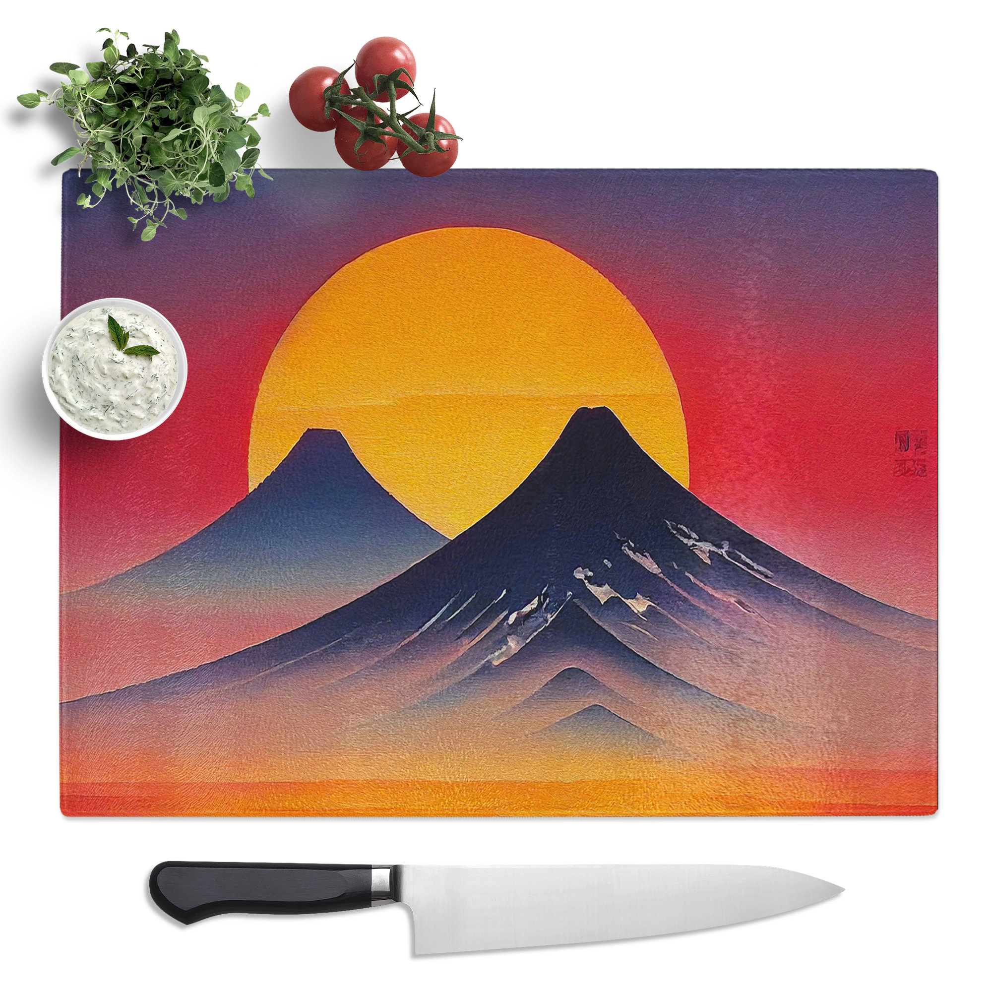 World Menagerie Japanese Sunset Art Painting Glass Chopping Board ...