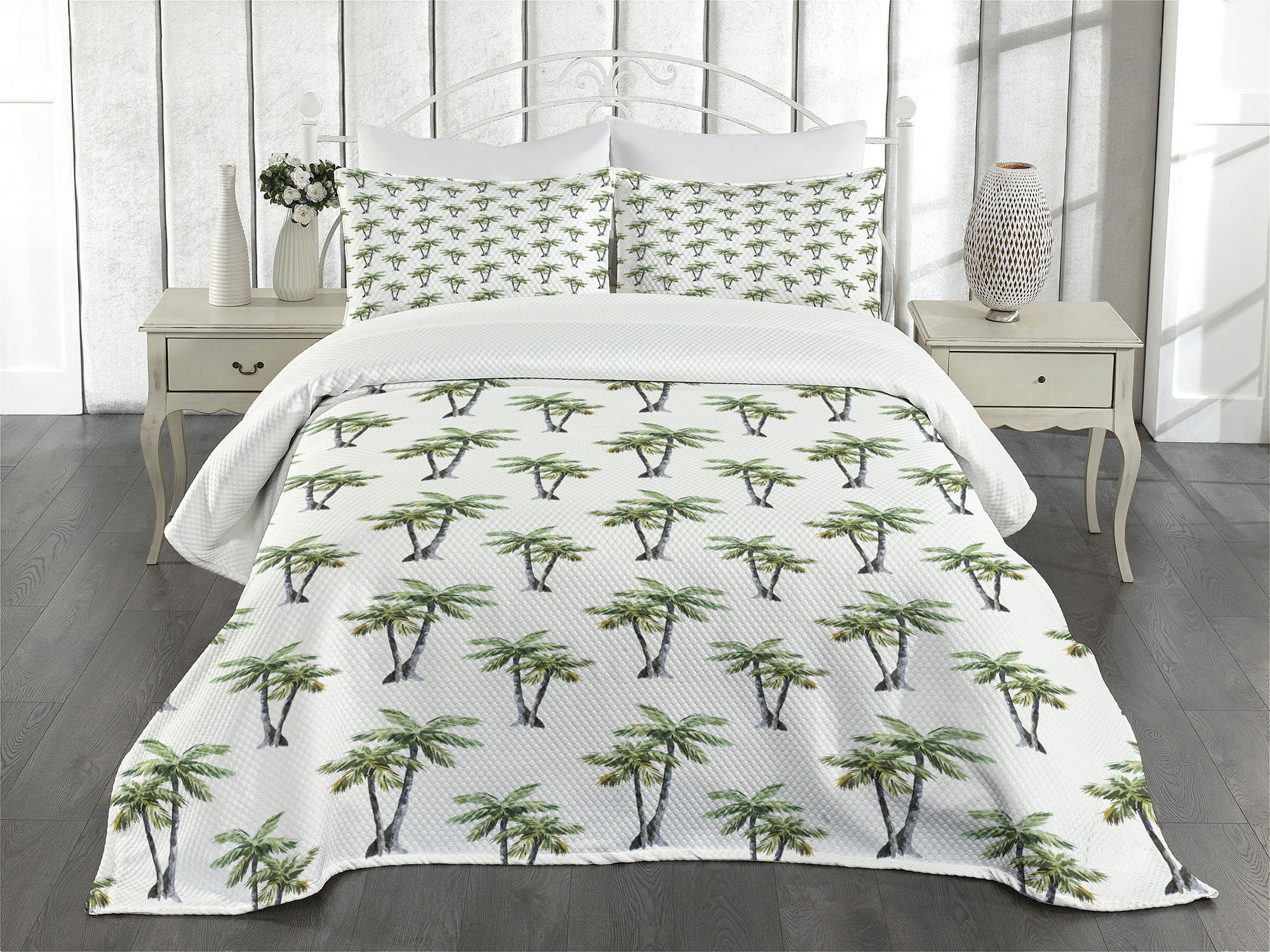 Ambesonne Palm Tree Bedspread Set Watercolor Trees Art Grey Green White ...
