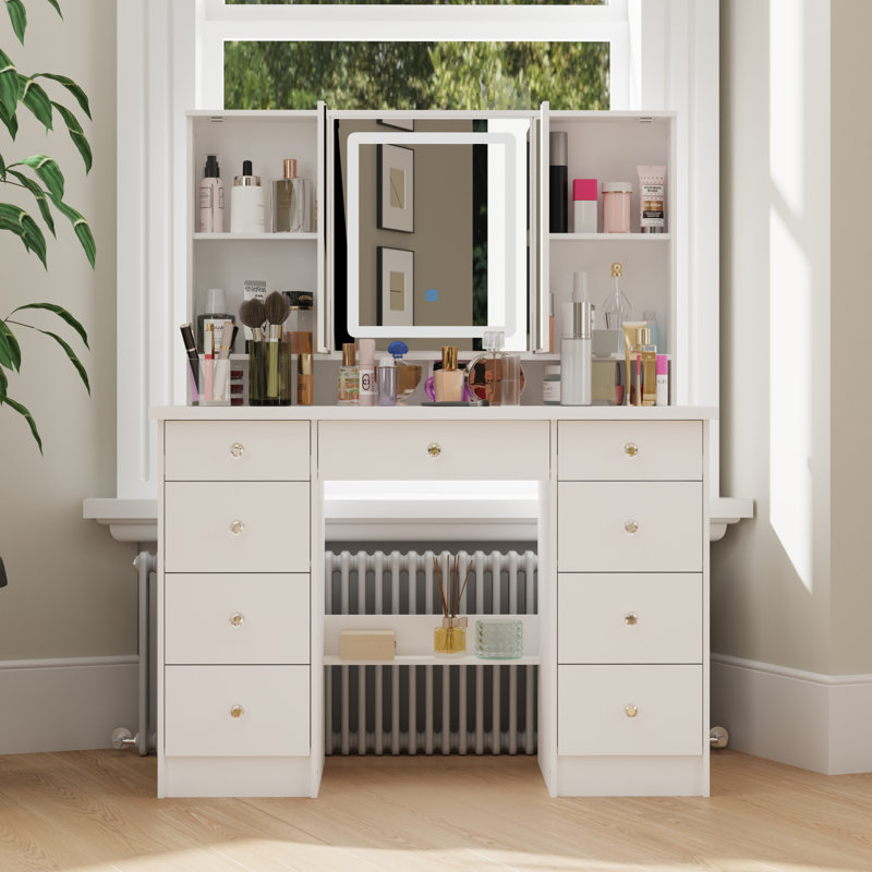 Latitude Run® Makeup Vanity Desk With Fold Mirror And Adjustable Lights ...