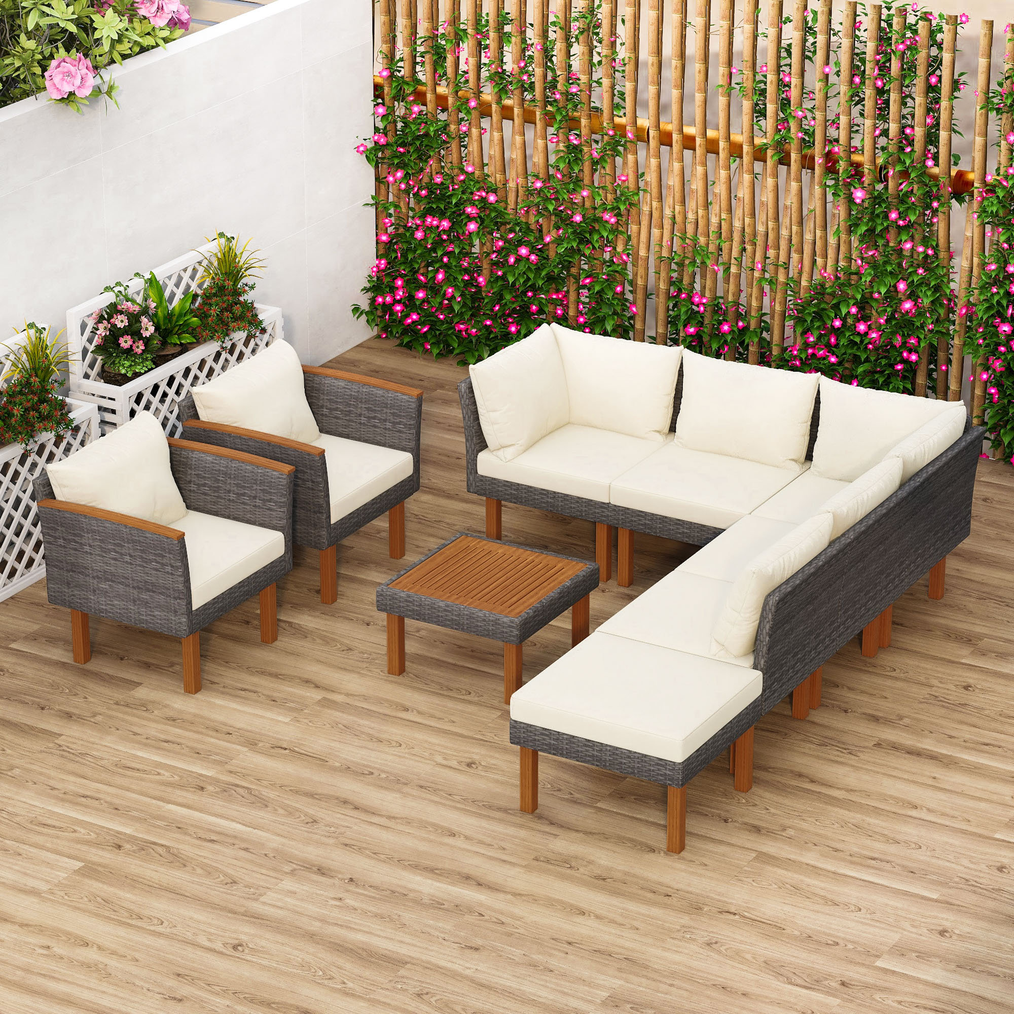 Lark Manor 9Pcs Outdoor Rattan Furniture Set with Modular Outdoor ...