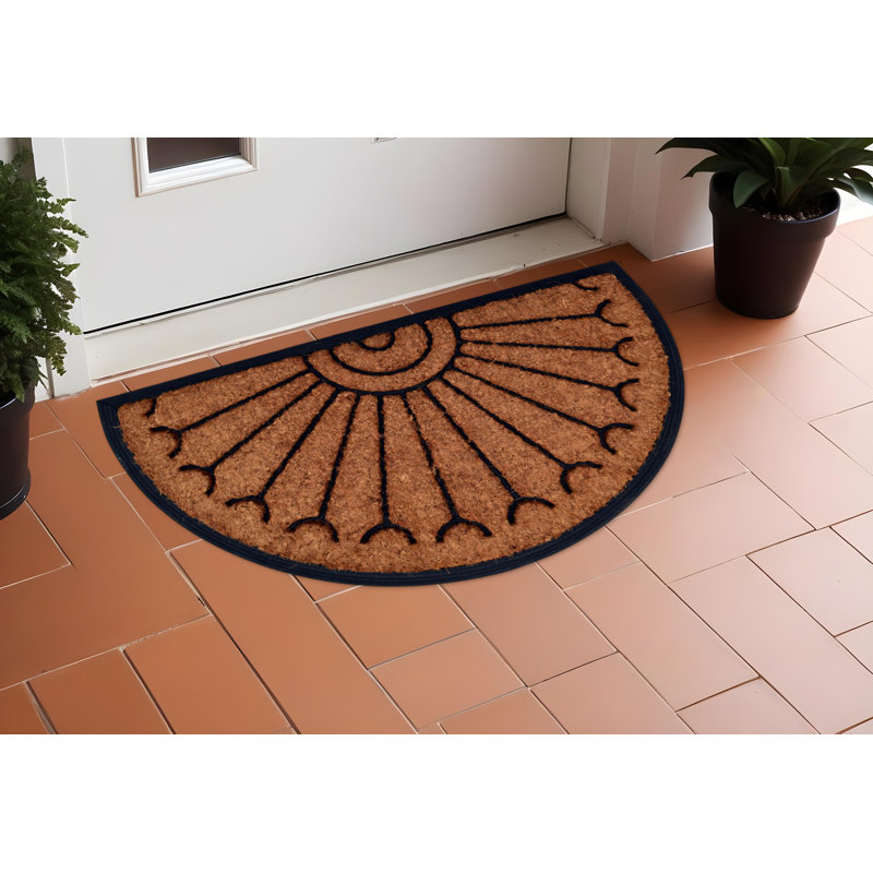 HomeRoots 18" X 30" Beige and Black Rubber and Coir Outdoor Semi Circle ...