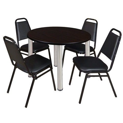 Inbox Zero Kee Round Breakroom Table Top, 4 Restaurant Stack Chairs ...