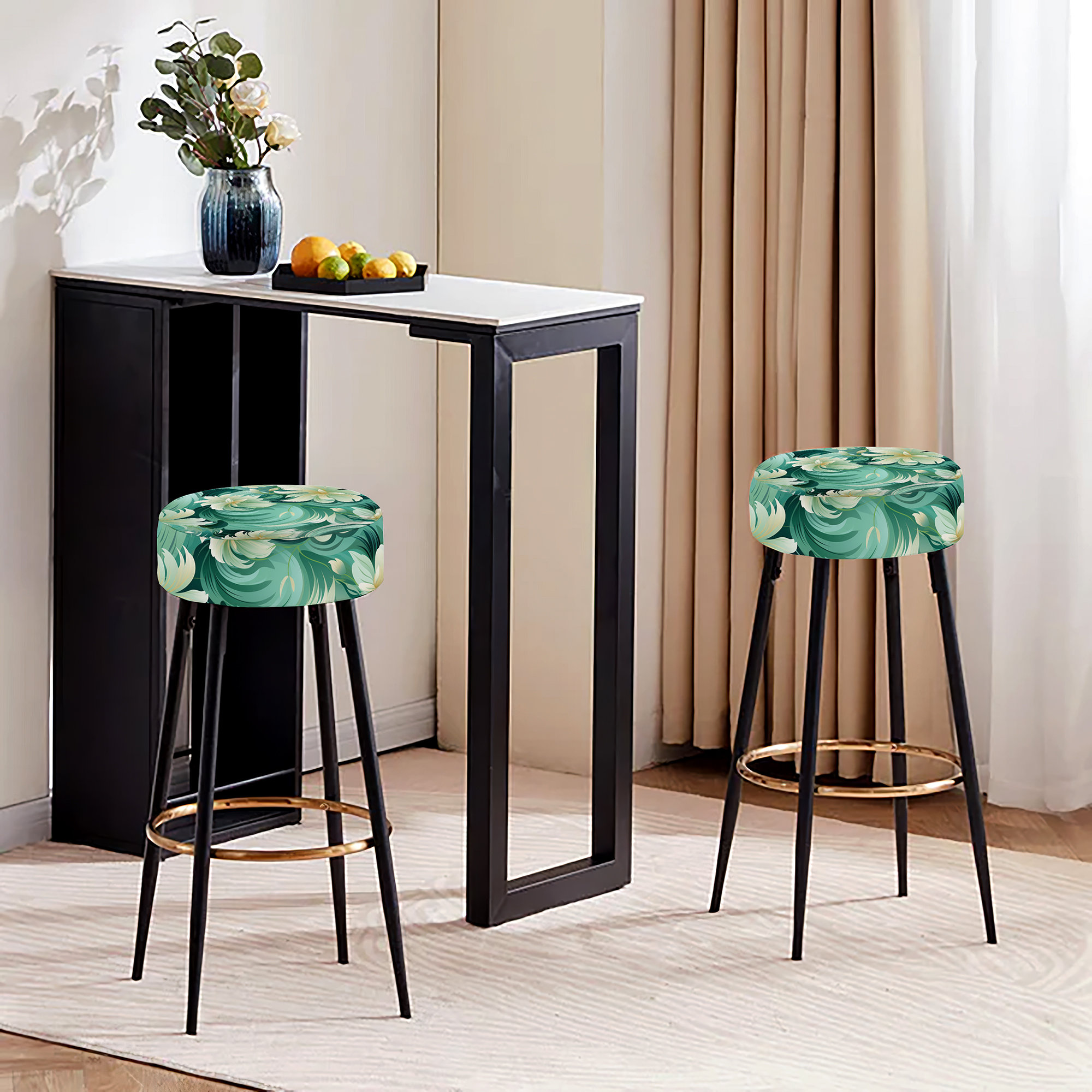 Design Art Green Mint Seamless Waves - Floral Bar Stools Set Of 2 | Wayfair