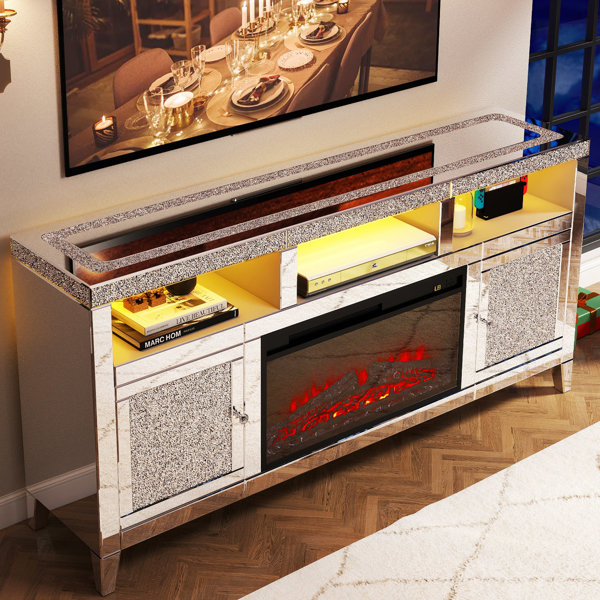 Mercer41 Bideford Tall Mirrored Silver Fireplace Tv Stand For 65 Inch ...