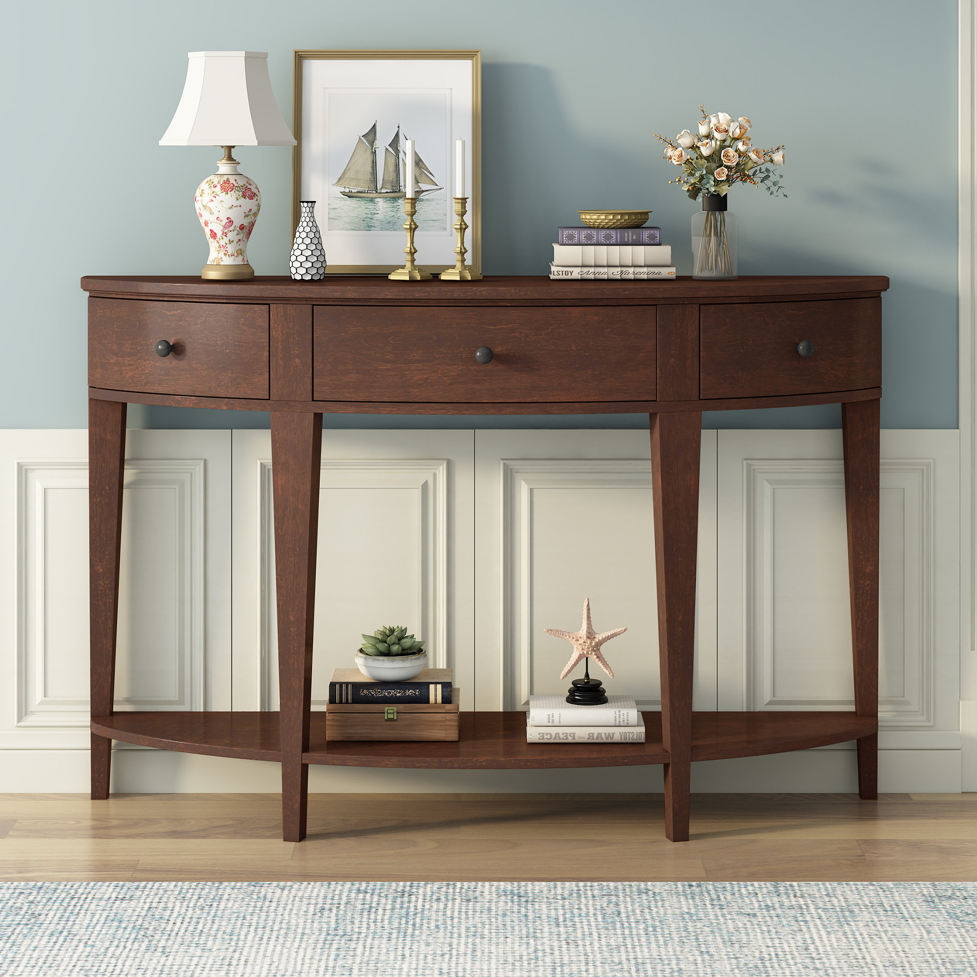 Longshore Tides Half-moon console with 3 drawers and floor shelf ...