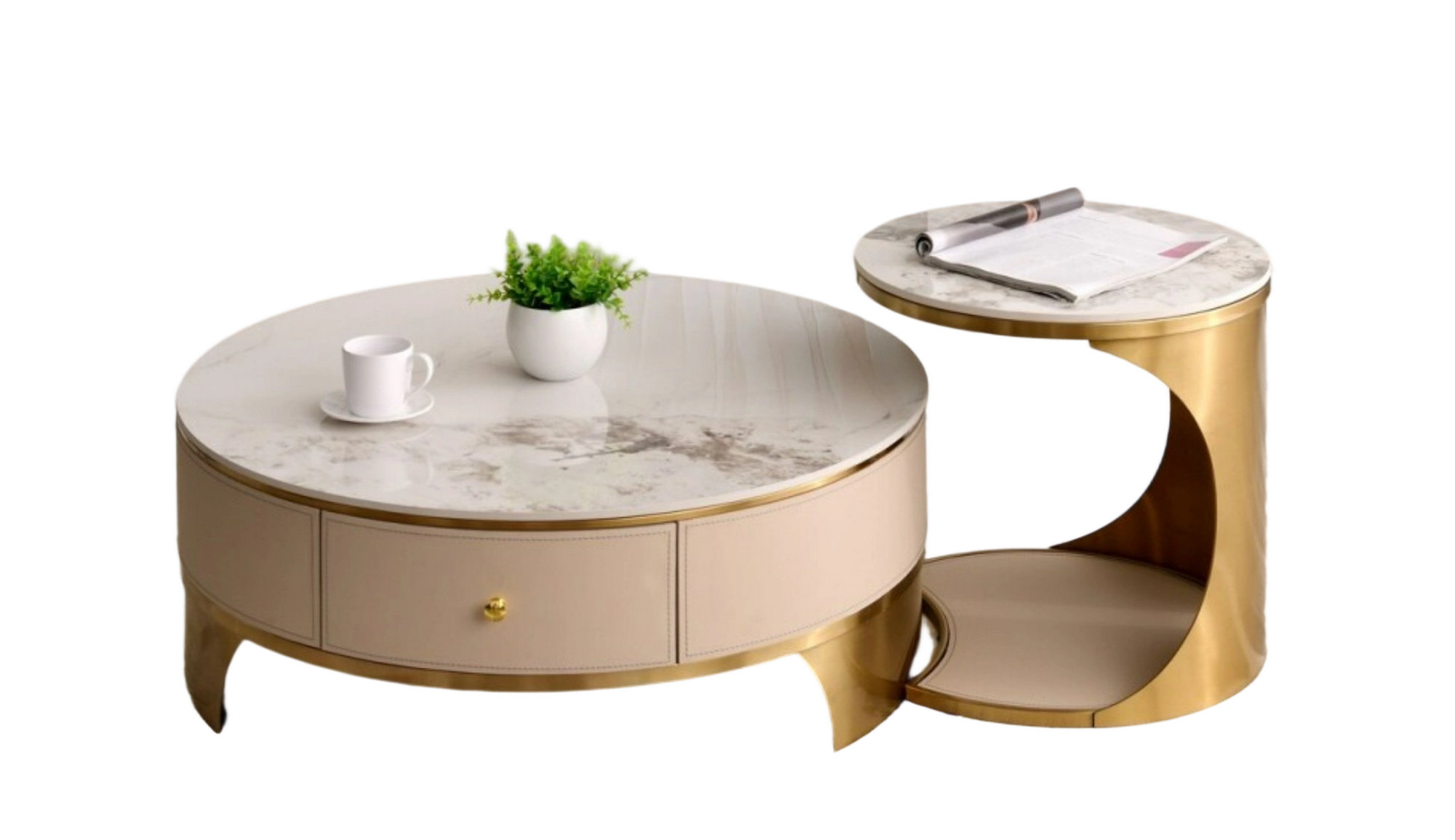 Everly Quinn Elegant Marble Coffee Table Set With Base – Round Design ...