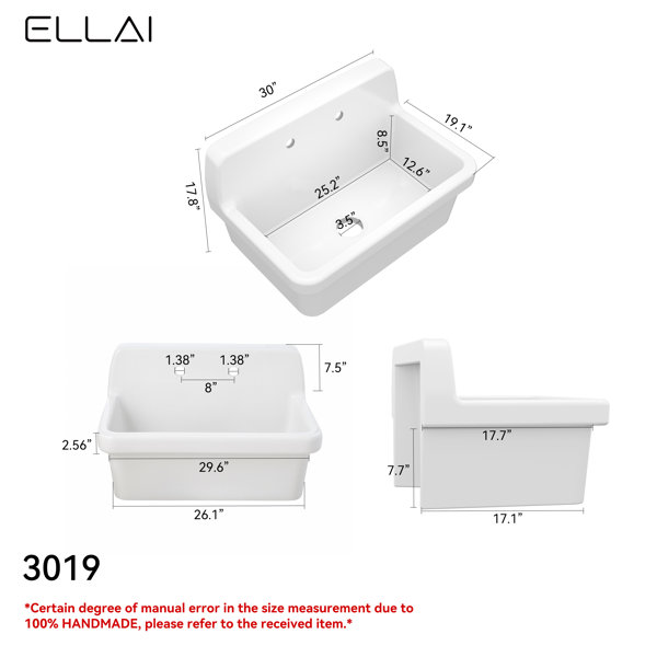 Ellai White Ceramic Utility Sink 30" Wall Mount Laundry Sink with 8 ...