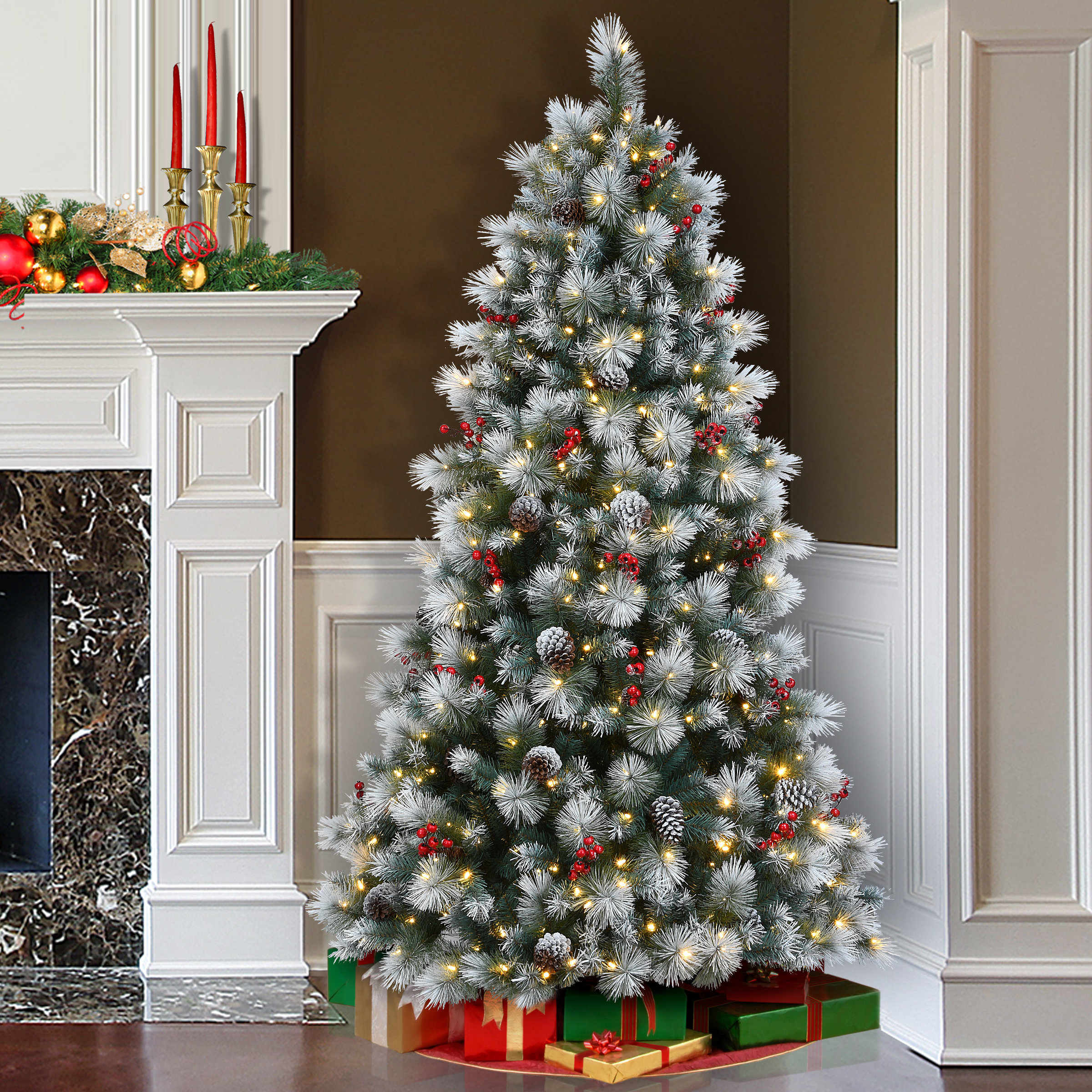 The Holiday Aisle® 7.5 ft. Snowy Glacier Pine Tree with Dual Color LED ...