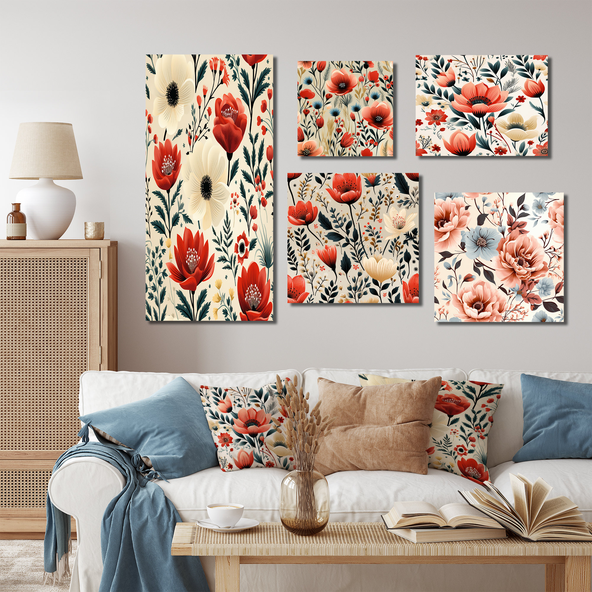 Design Art Red And Beige Retro Floral Pattern - Floral Wall Decor Set ...