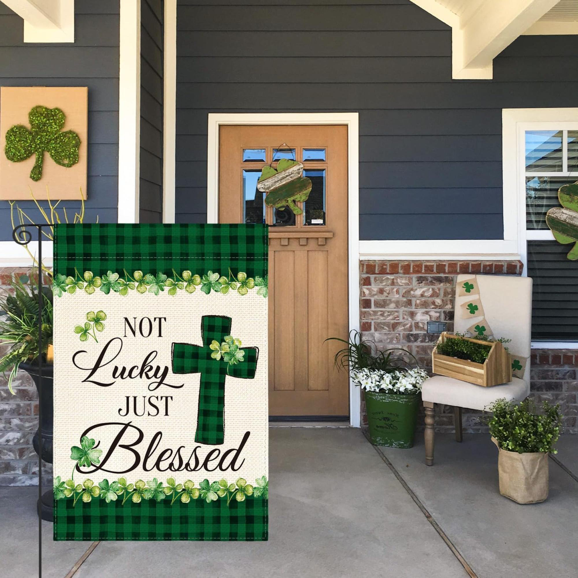 The Holiday Aisle® Lucky Clover St Patricks Day Garden Flag Vertical Double Sided, Buffalo Plaid ...