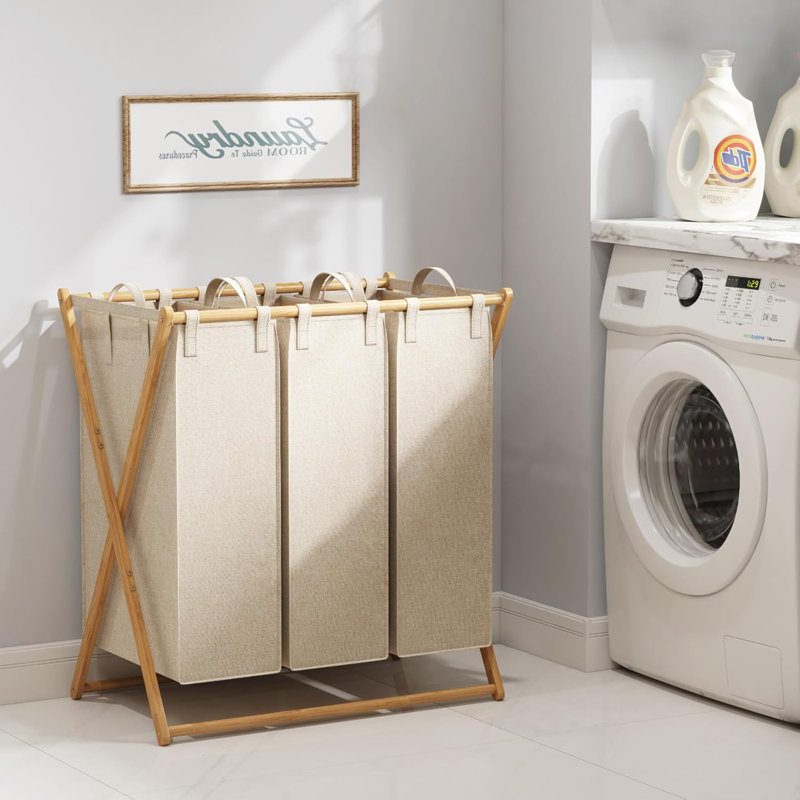 Gracie Oaks Large Laundry Hamper 3 Section, Collapsible Bamboo X-Frame ...