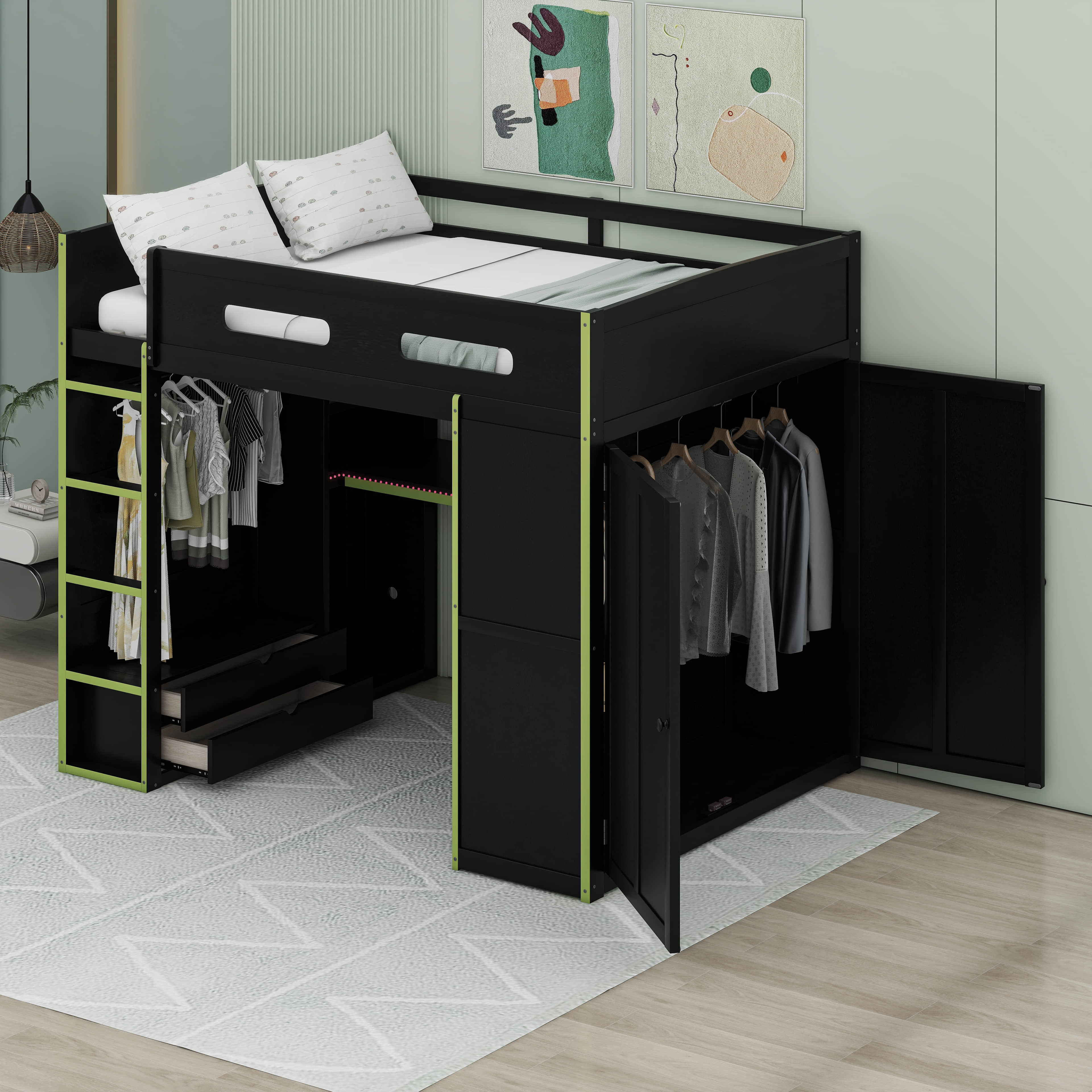 Cosmic Full Size Wood Loft Bed With Desk,Wardrobe,Ample Storage Space,And RGB LED Light | Wayfair