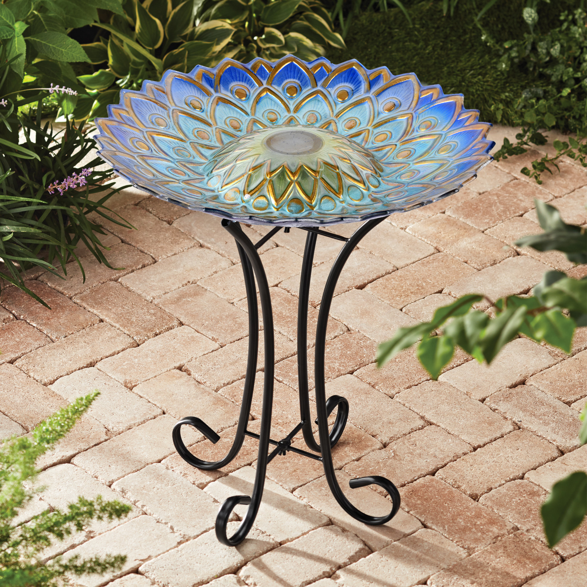 Hi-Line Gift Ltd. Solar Peacock Geometric Glass Bird Bath with Stand ...