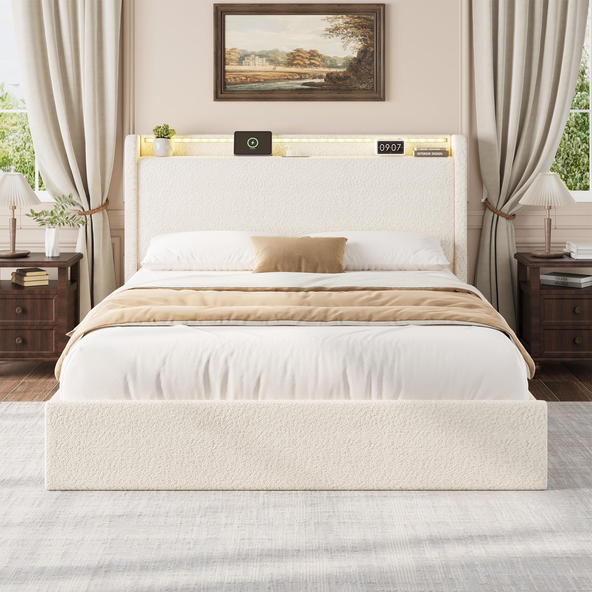 Wrought Studio™ Boucle Bed Frame with Storage Headboard, Upholstered ...