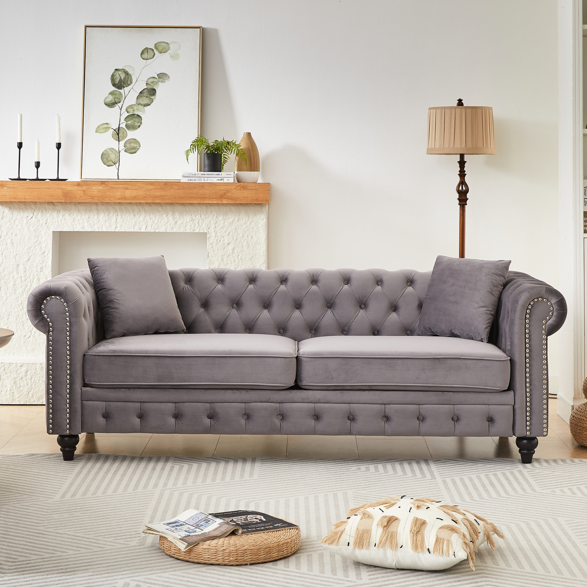 Latitude Run® Velvet 3 Seater With Rolled Arms, Button Design And 2 ...