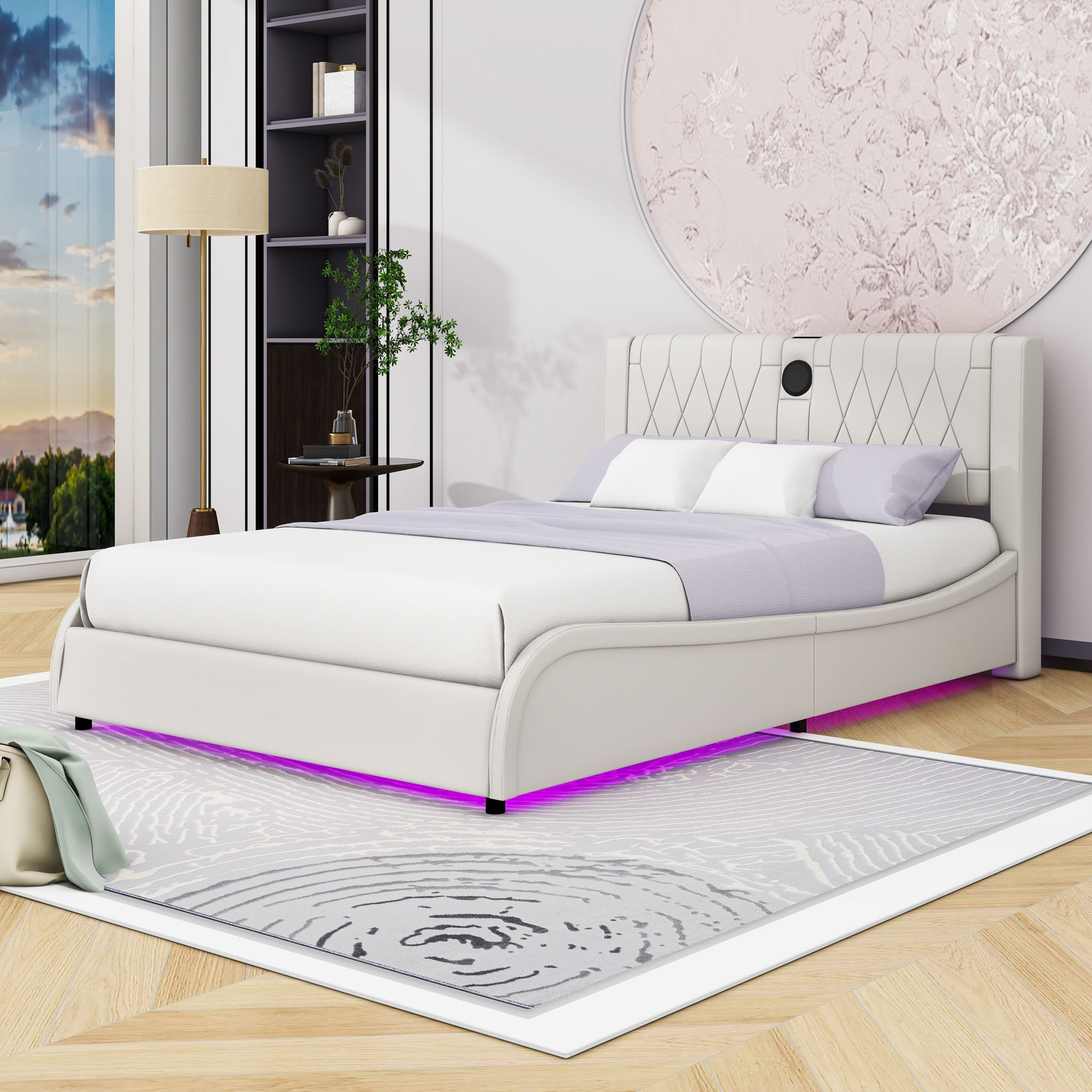 Ivy Bronx Upholstered Bed with RGB LED and Built-in Bluetooth Speakers ...