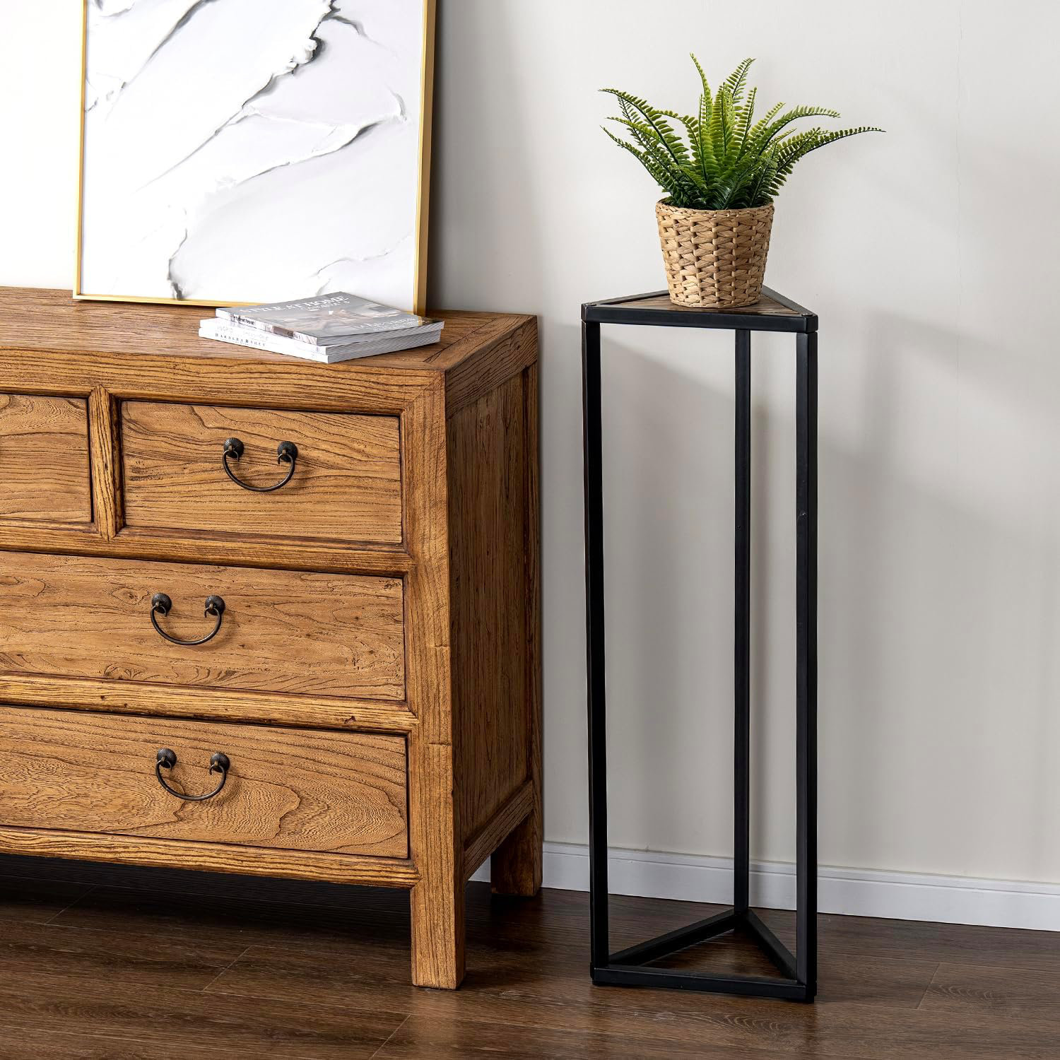 17 Stories 36 Inch Triangular Plant Stand - Modern Torched Wood And ...