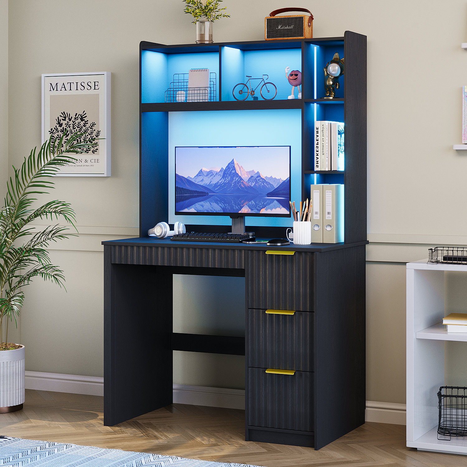 Mikado Living 4-drawer Computer Desk With Bookshelves And Led Lighting ...