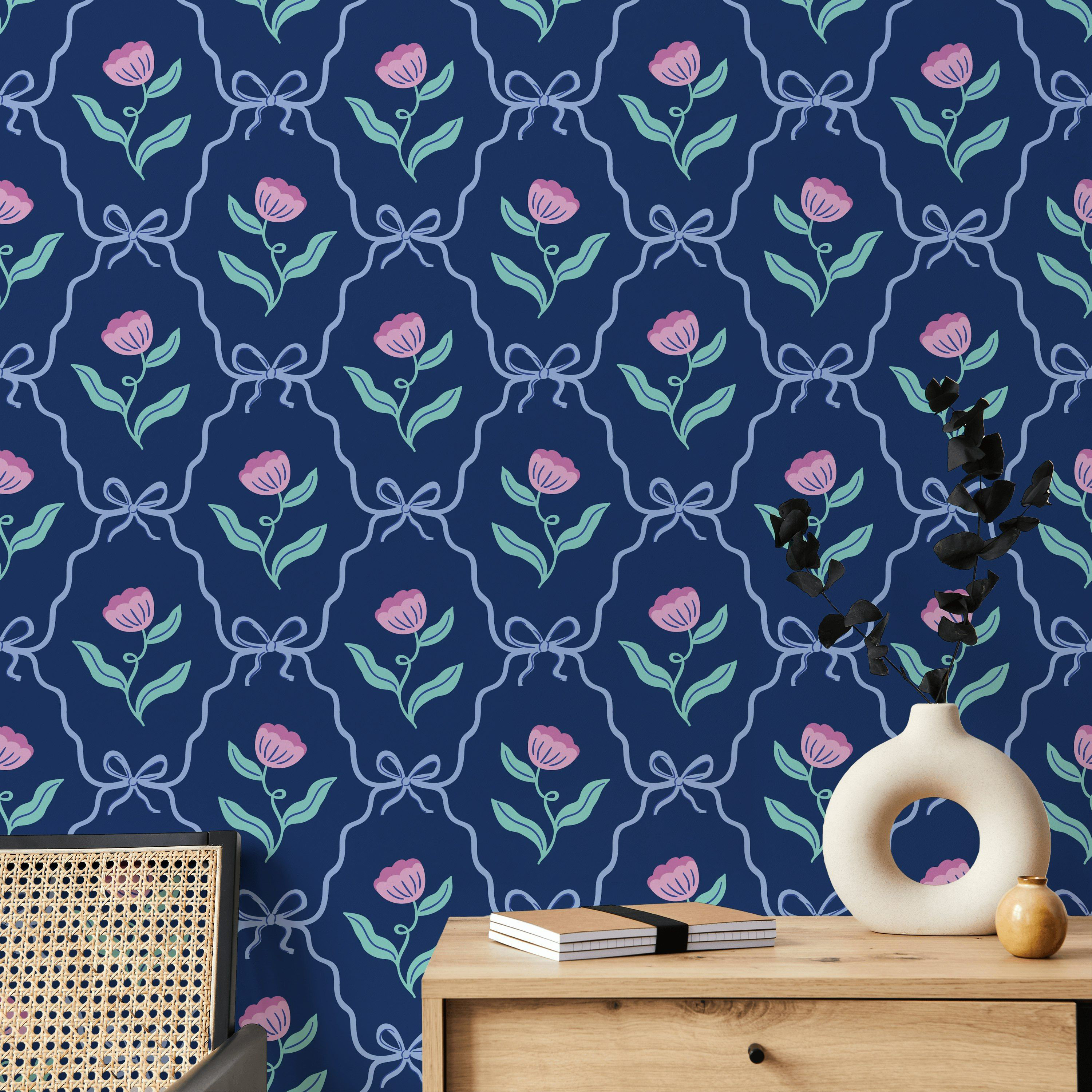 Lark Manor Navy Tulip Frame Wallpaper Bow and Floral Wall Mural ...
