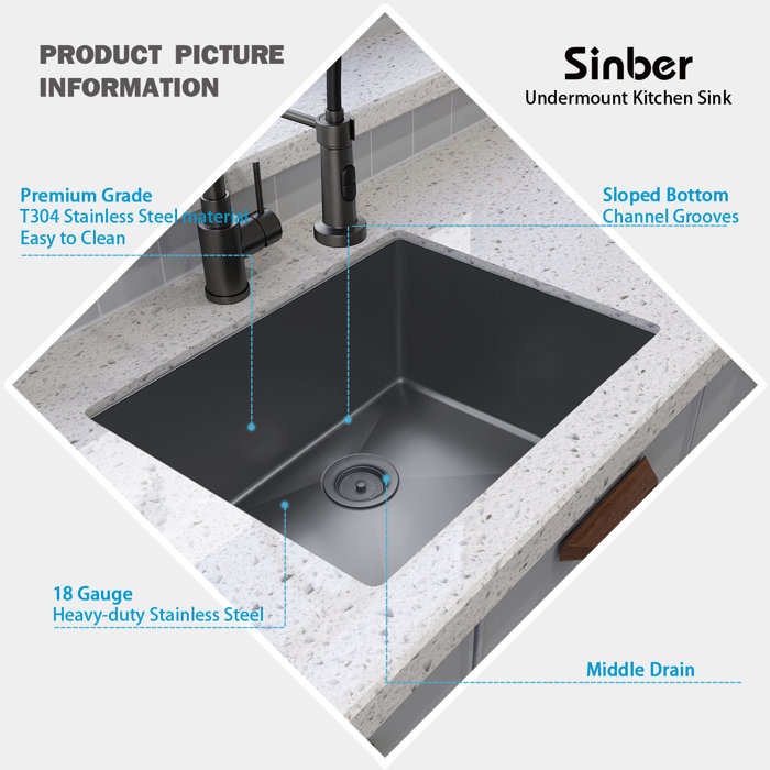 Sinber 23" x 18" Undermount Single Bowl Kitchen Sink with 18 Gauge 304 ...