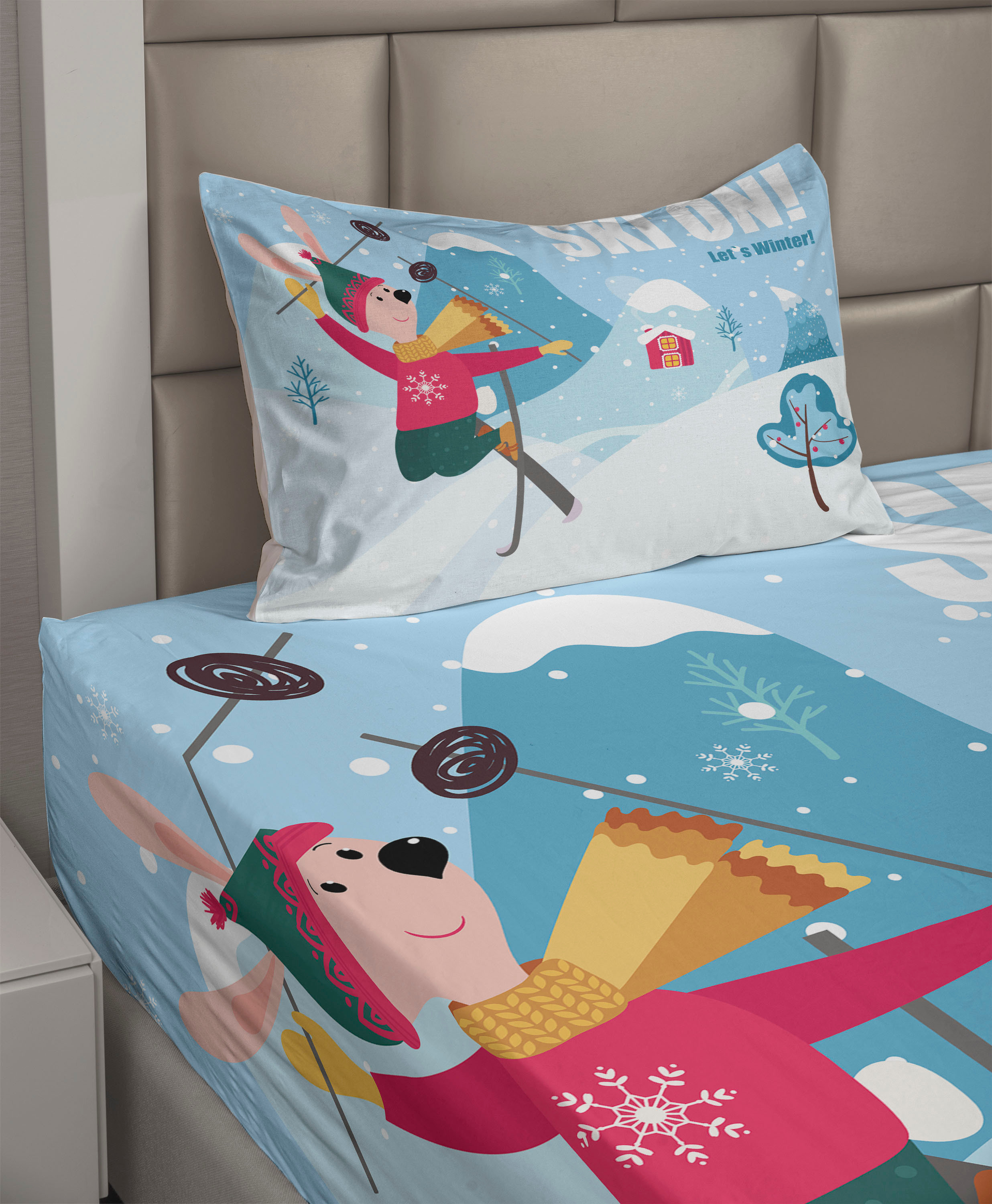 Ambesonne Skiing Sheet Set Animal Modern Cartoon Print Forest Green and ...