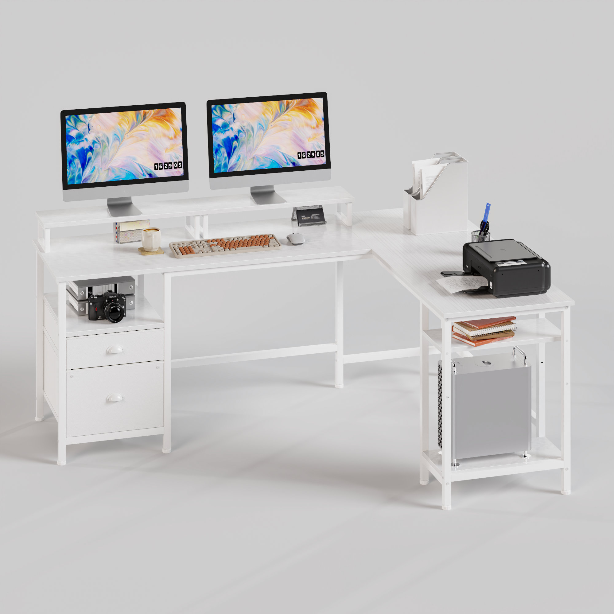 Furco 66 in. L-Shaped Computer Desk with 2 Monitor Stand, Cabinet ...