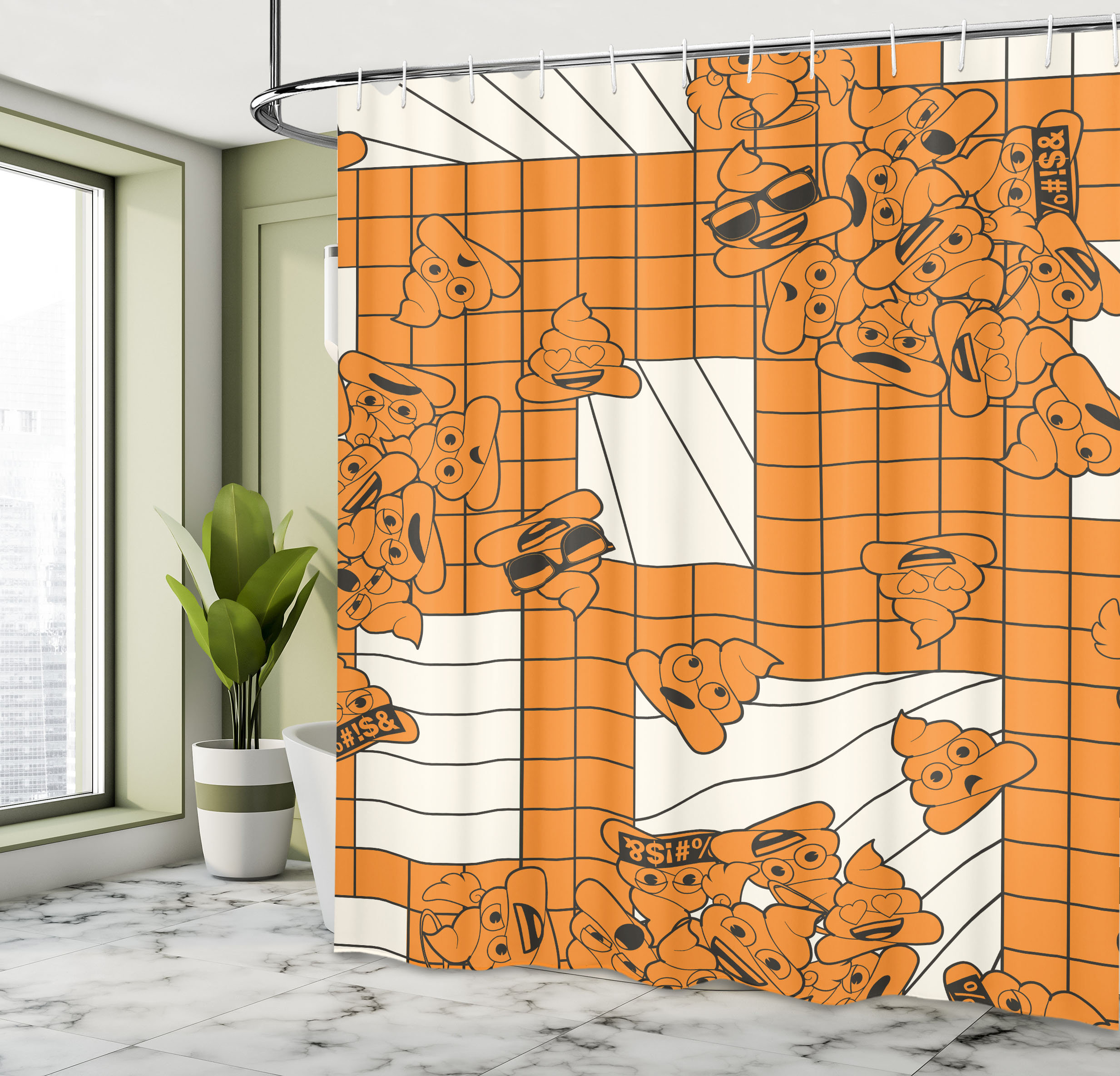East Urban Home Poop Emoji Shower Curtain Outline Style Poo Fun Orange ...
