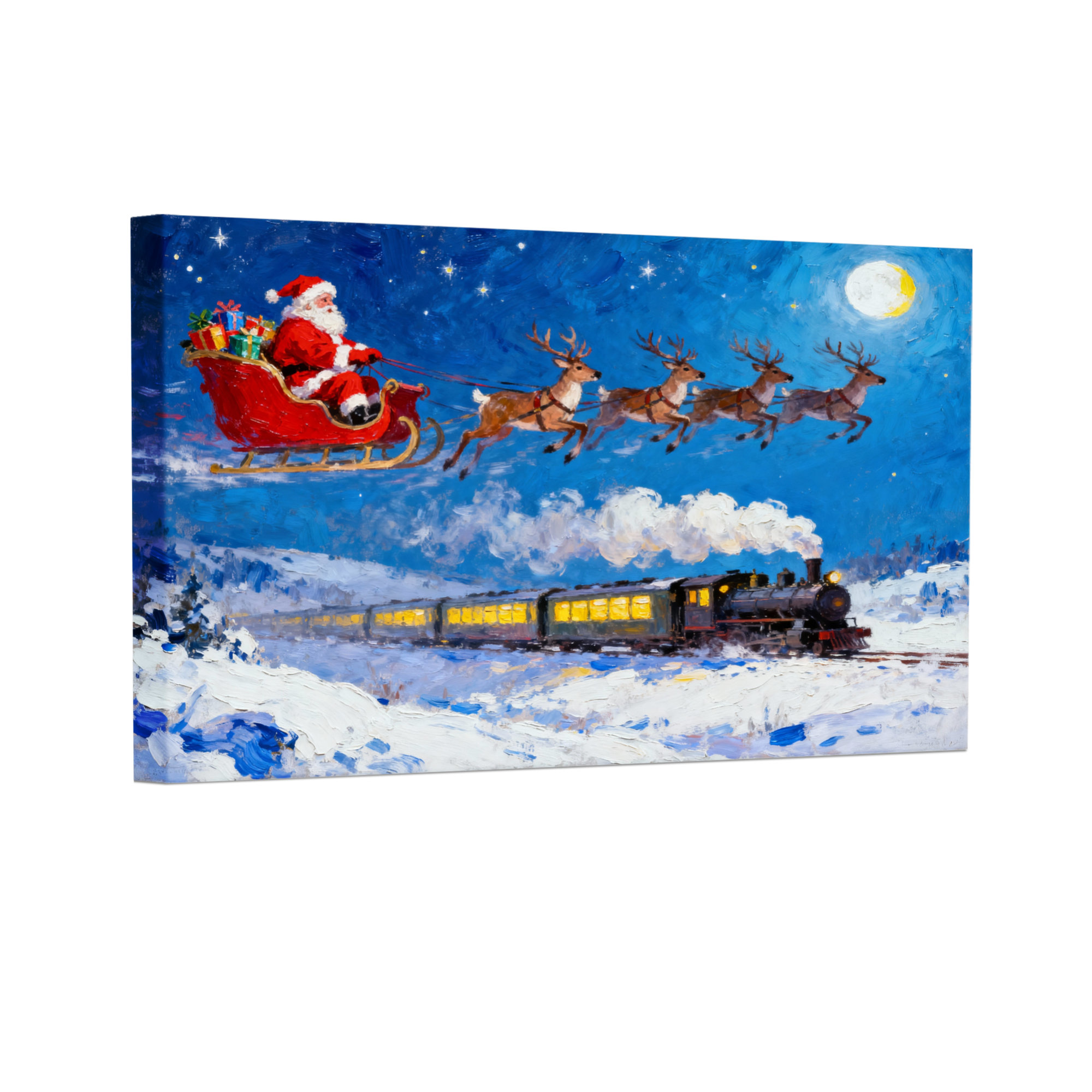 Charlton Home® Christmas Santa Sleigh Reindeer Train Snow Night Moon ...