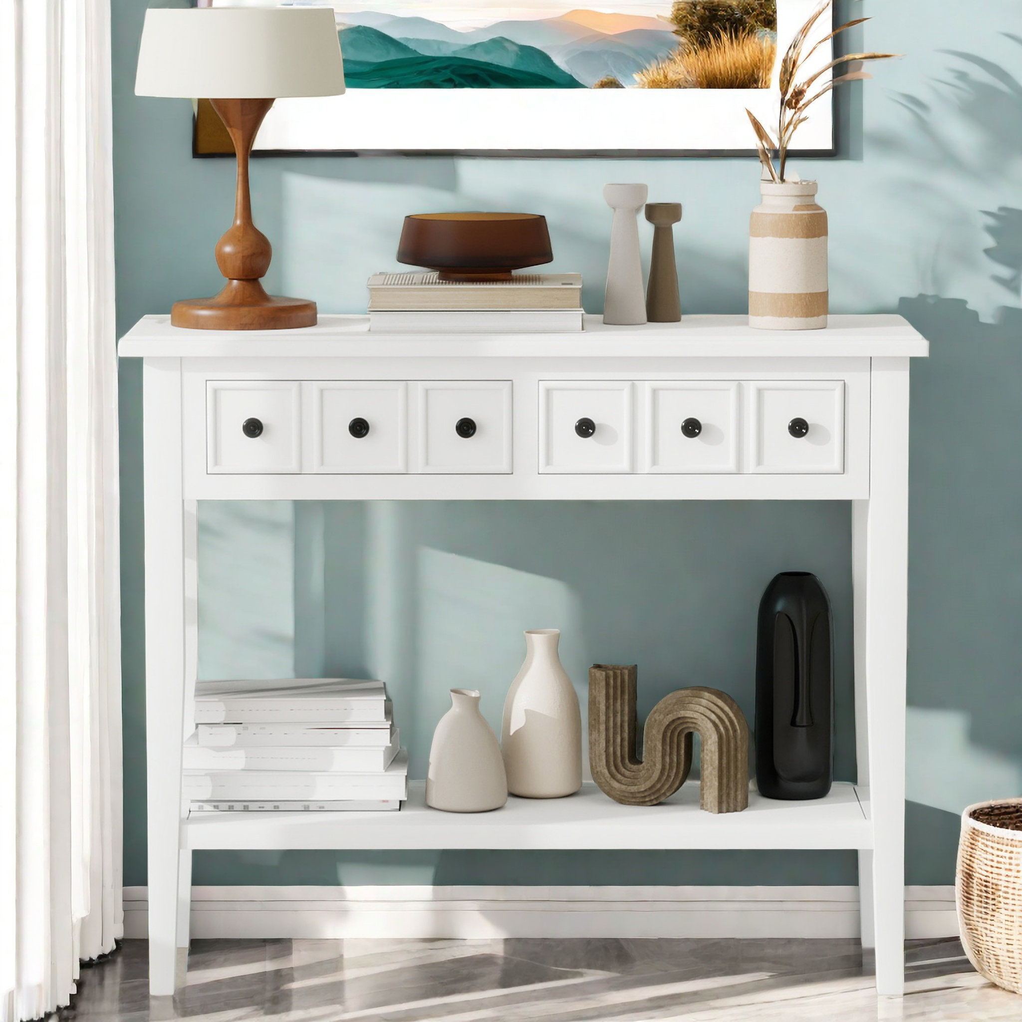 Lark Manor Mid-Century Modern Console Table, Rustic Wood Sofa Table ...