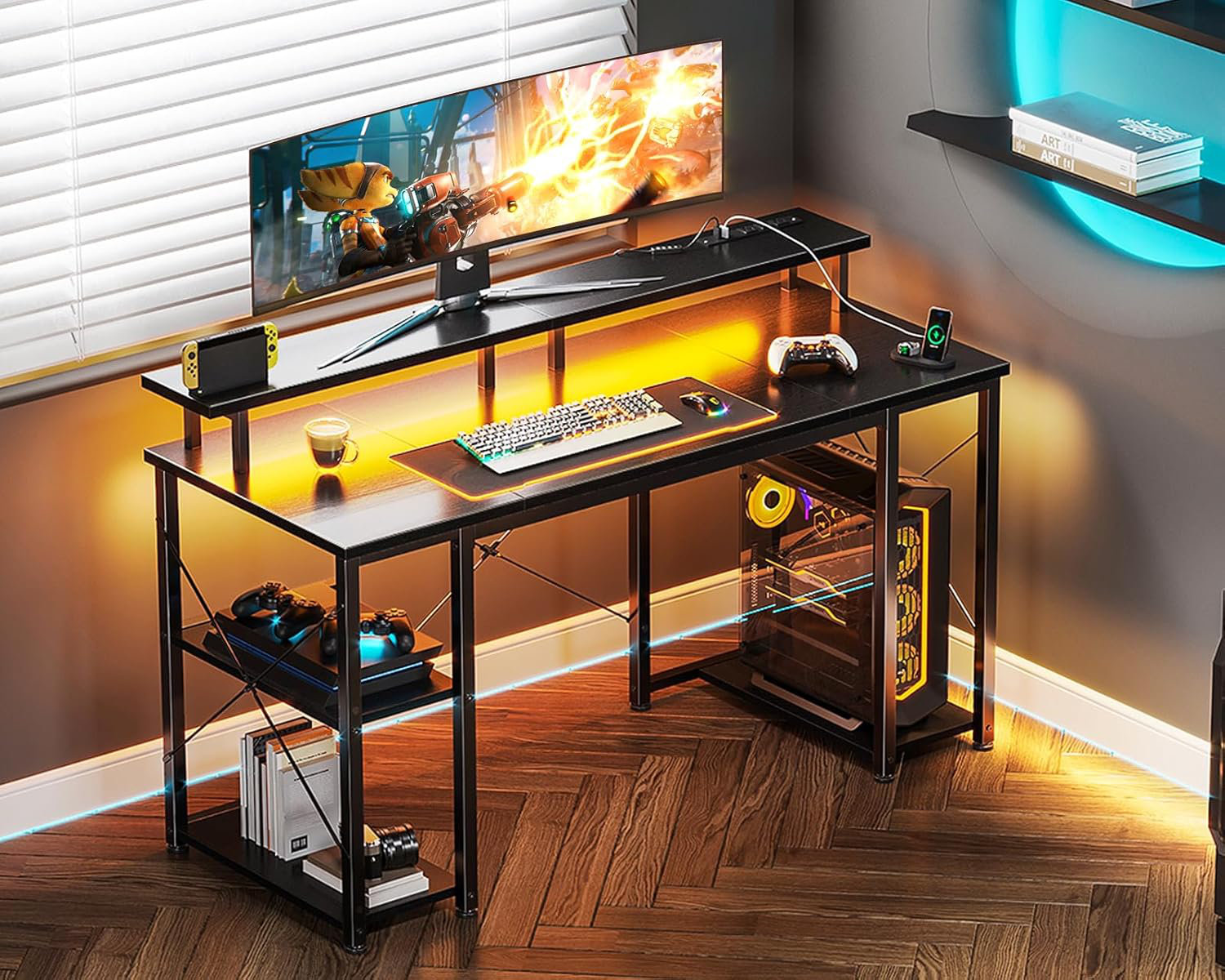 Wrought Studio™ 48 inch Gaming Desk with LED Lights & Power Outlets ...