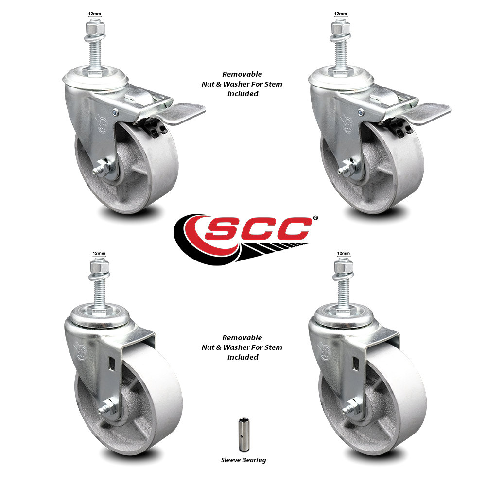 Service Caster Semi Steel Swvl TS Caster Set 4 -4"Wheels&12MM Stems-2 w ...