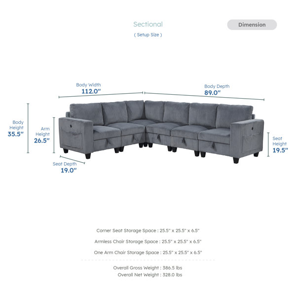 Ebern Designs Skrzypek 112" Square Arms Corduroy Sectional with Storage ...