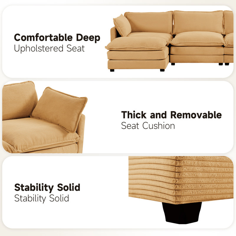 Ebern Designs Redenius 4-Piece 112'' Upholstered Corduroy L-Shape ...